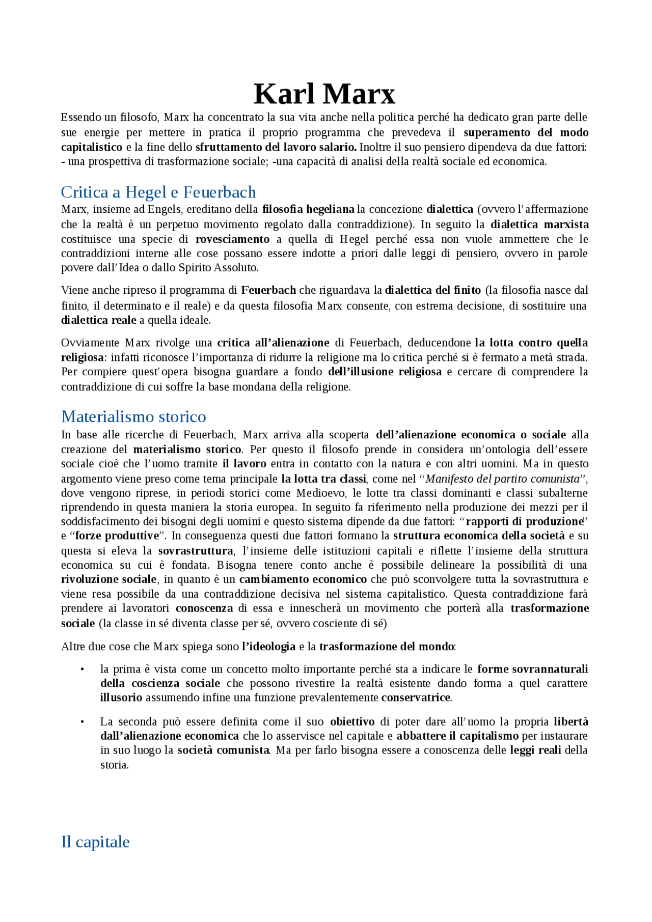 Carl Marx Riassunto Liceo Scientifico Docsity