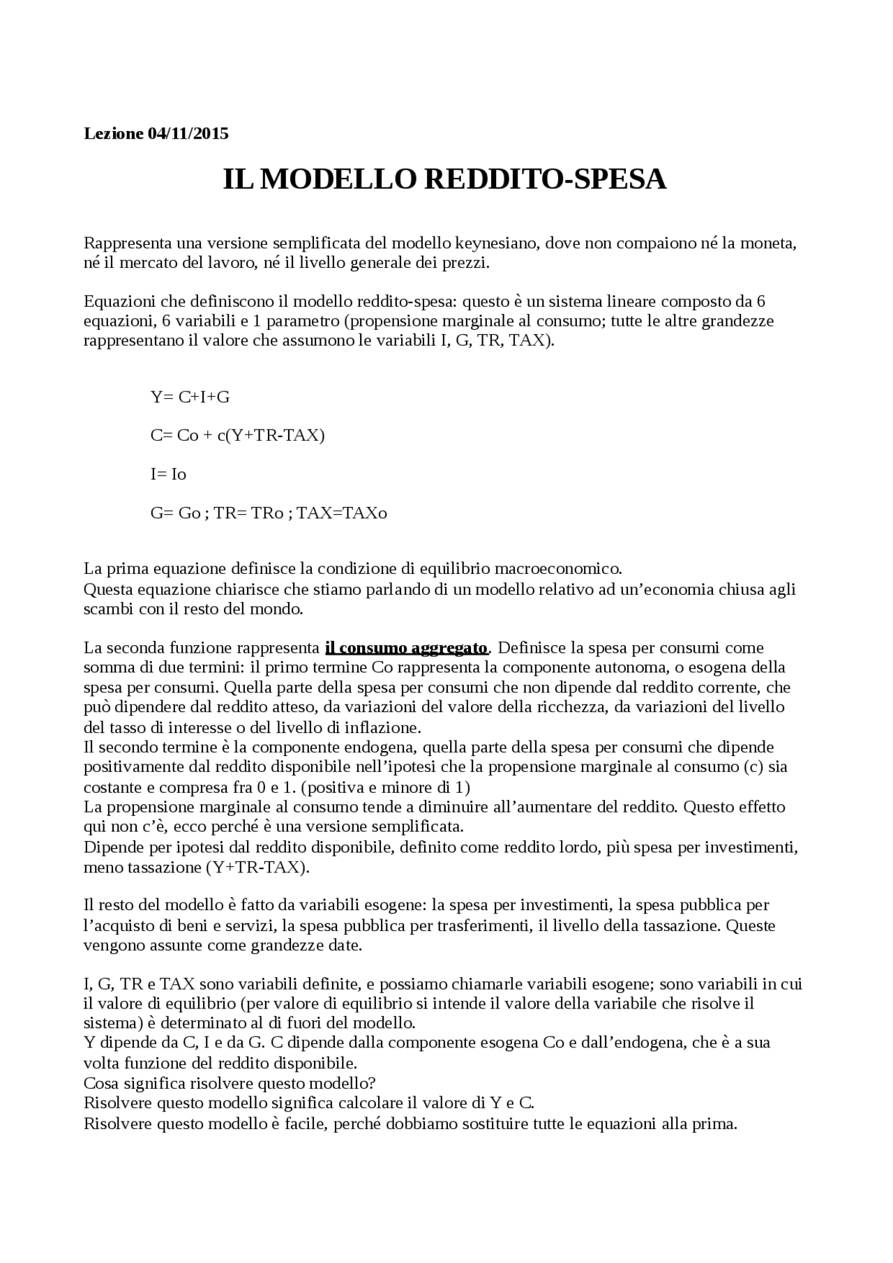 Modello Reddito Spesa Docsity