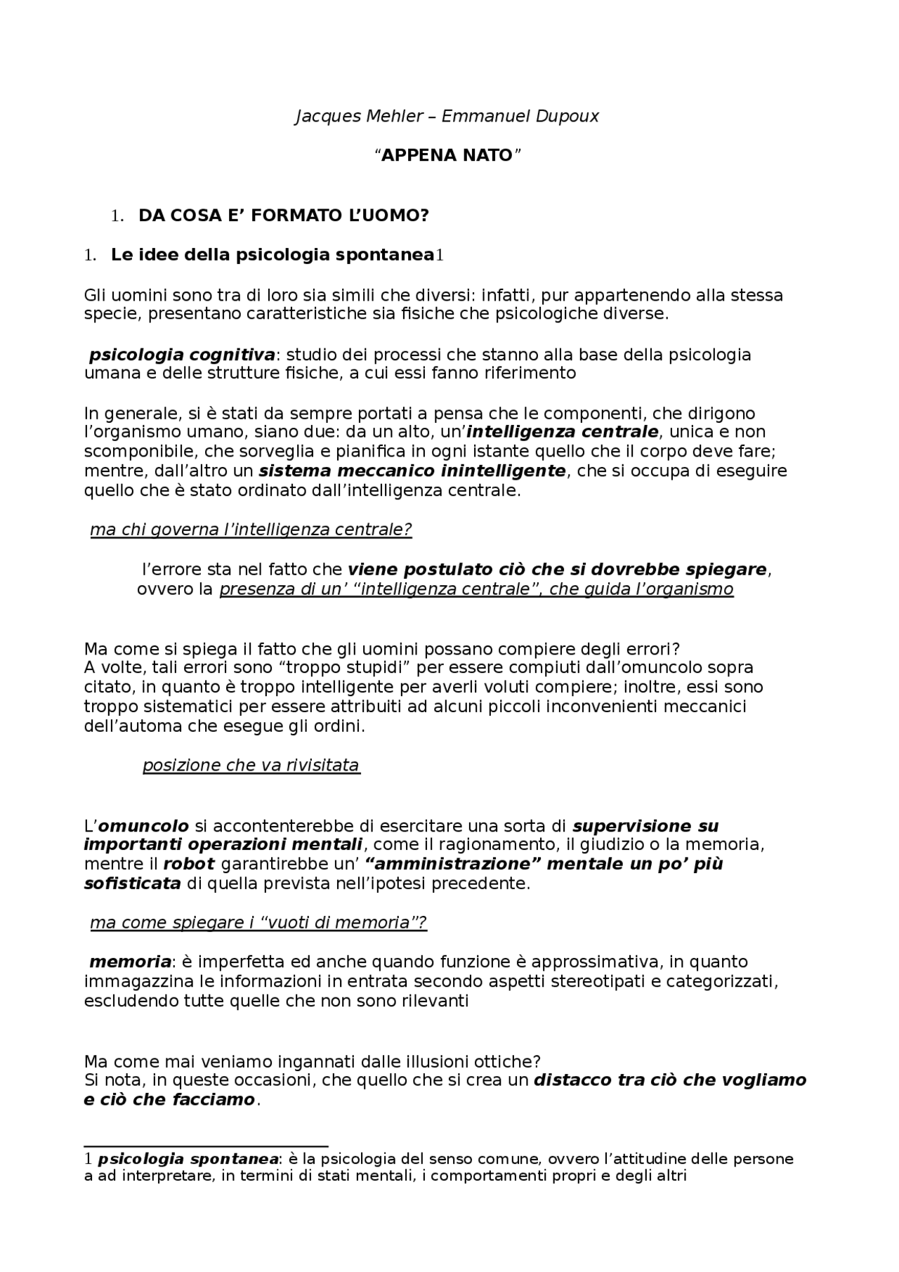 "Appena nato", Jacques Mehler - Emmanuel Dupoux - Docsity
