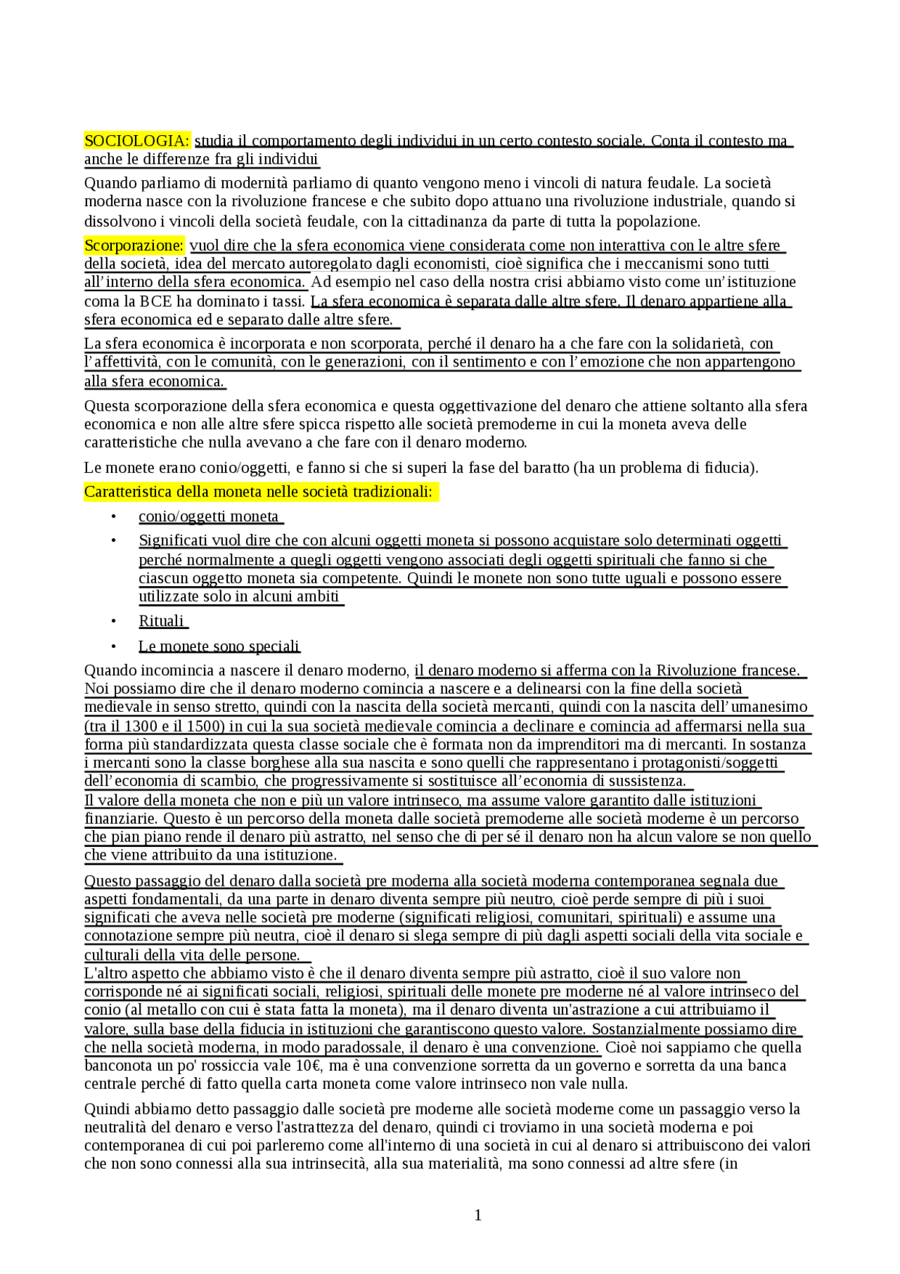 Appunti E Nozioni Fondamentali Di Sociologia Del Denaro Docsity