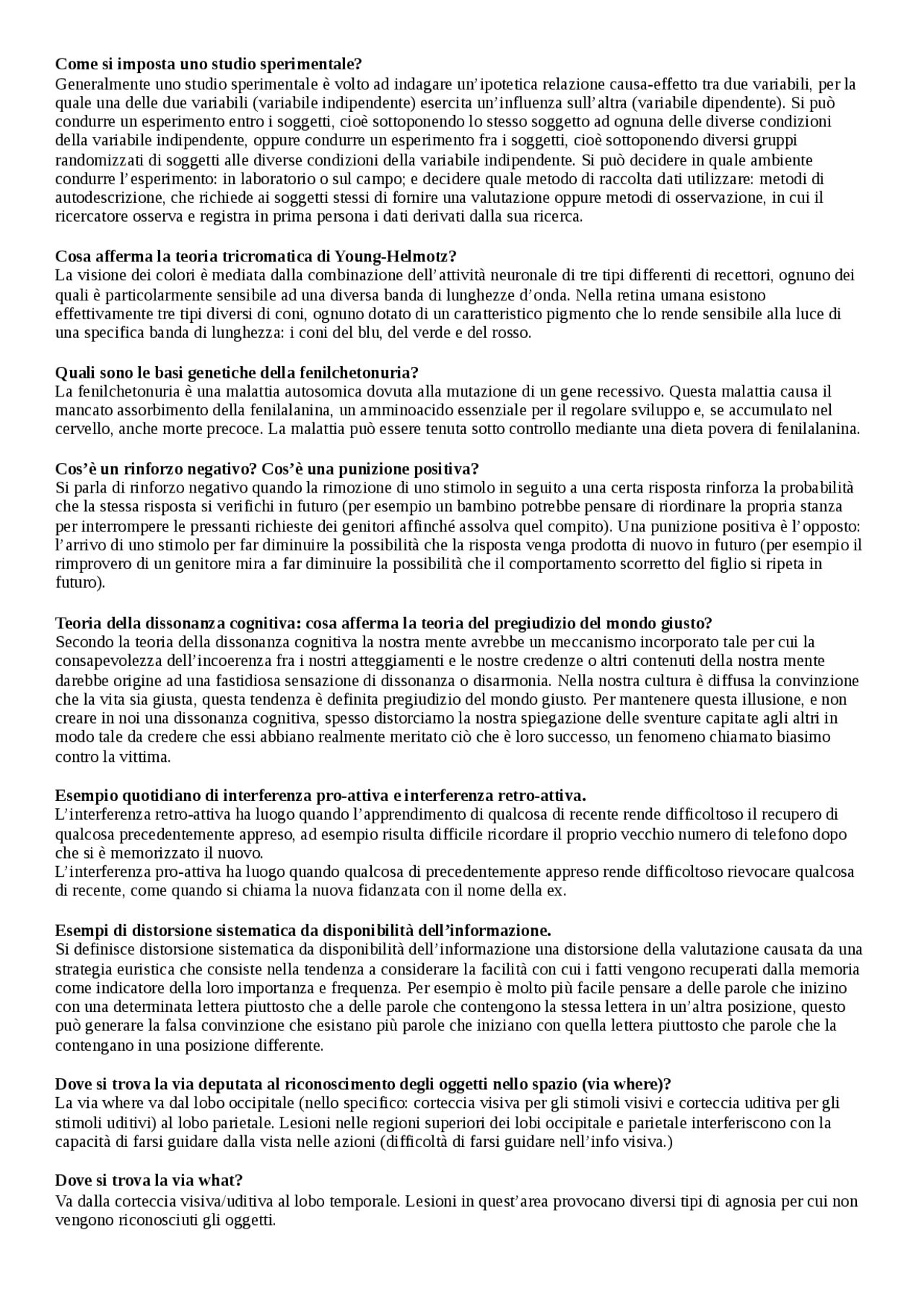 Domande Psicologia Dei Processi Cognitivi Docsity