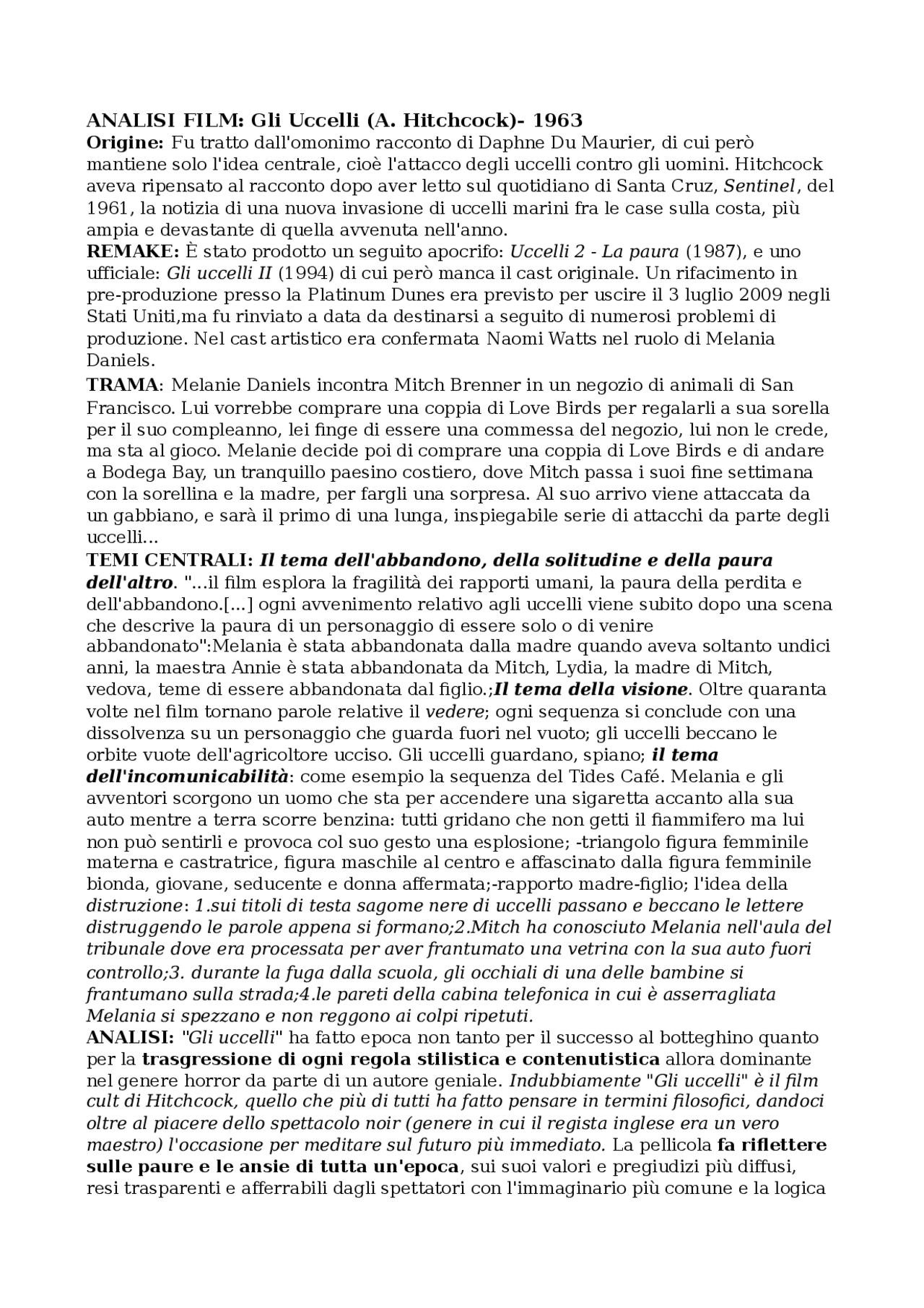 Analisi Film Gli Uccelli Docsity