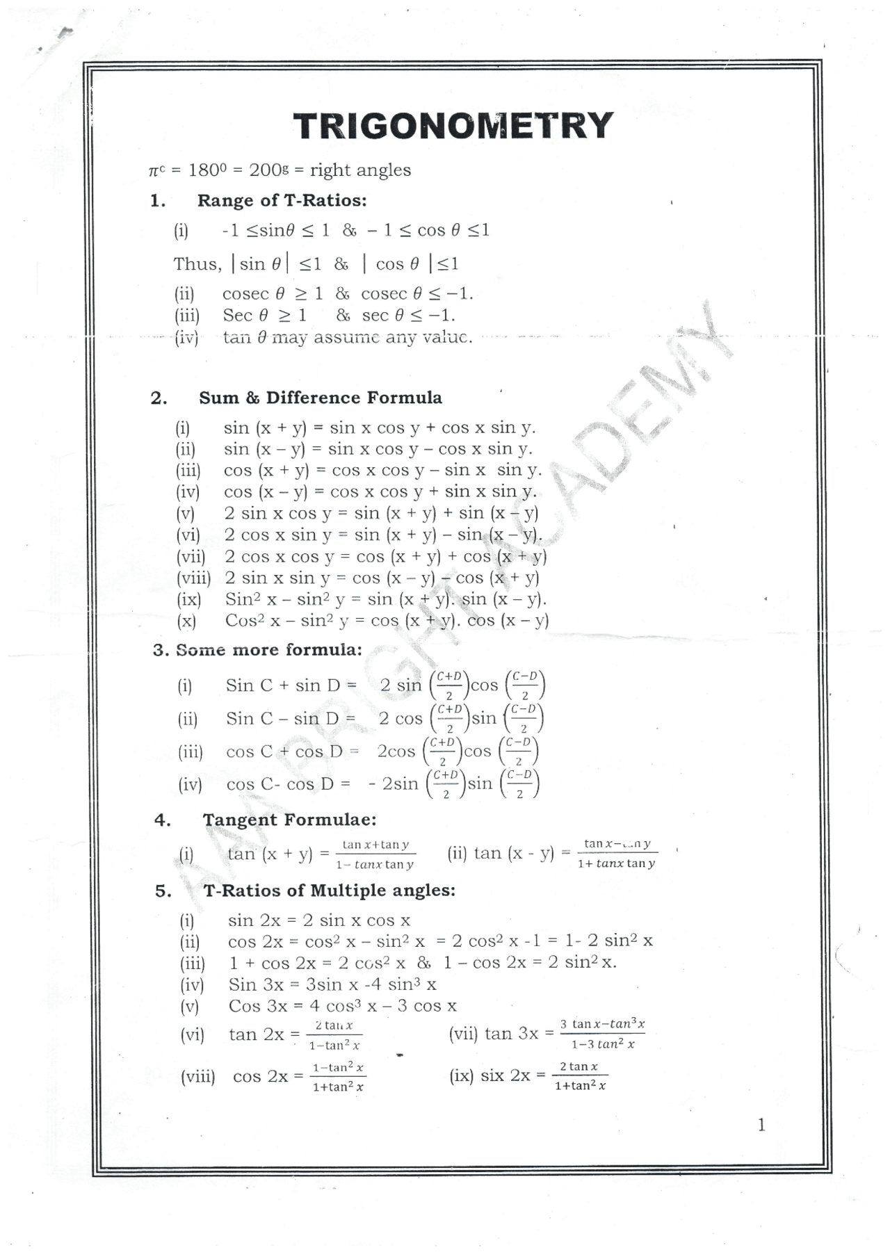 Trigonometry important formulae - Docsity