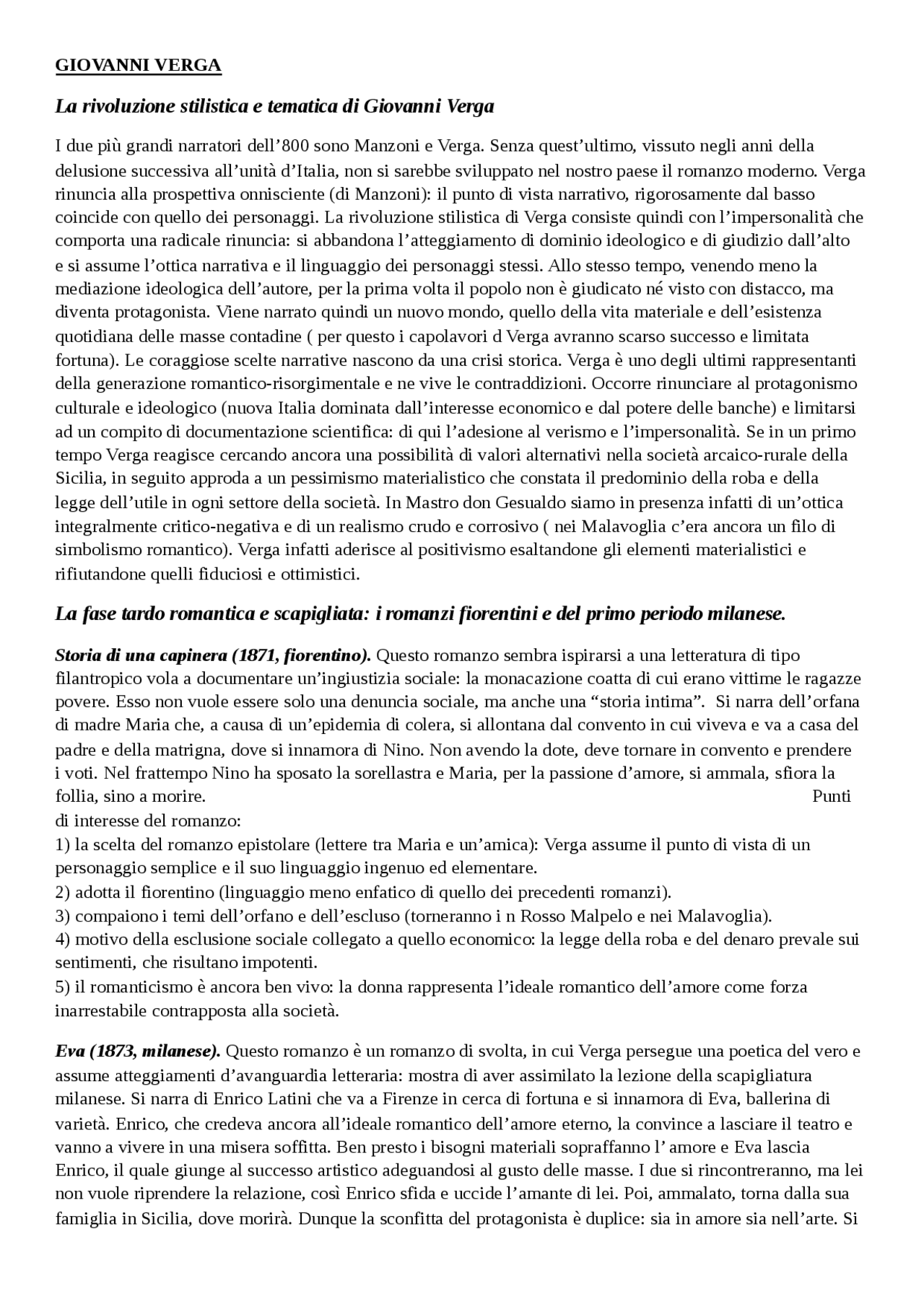 Appunti Approfonditi Su Giovanni Verga Docsity