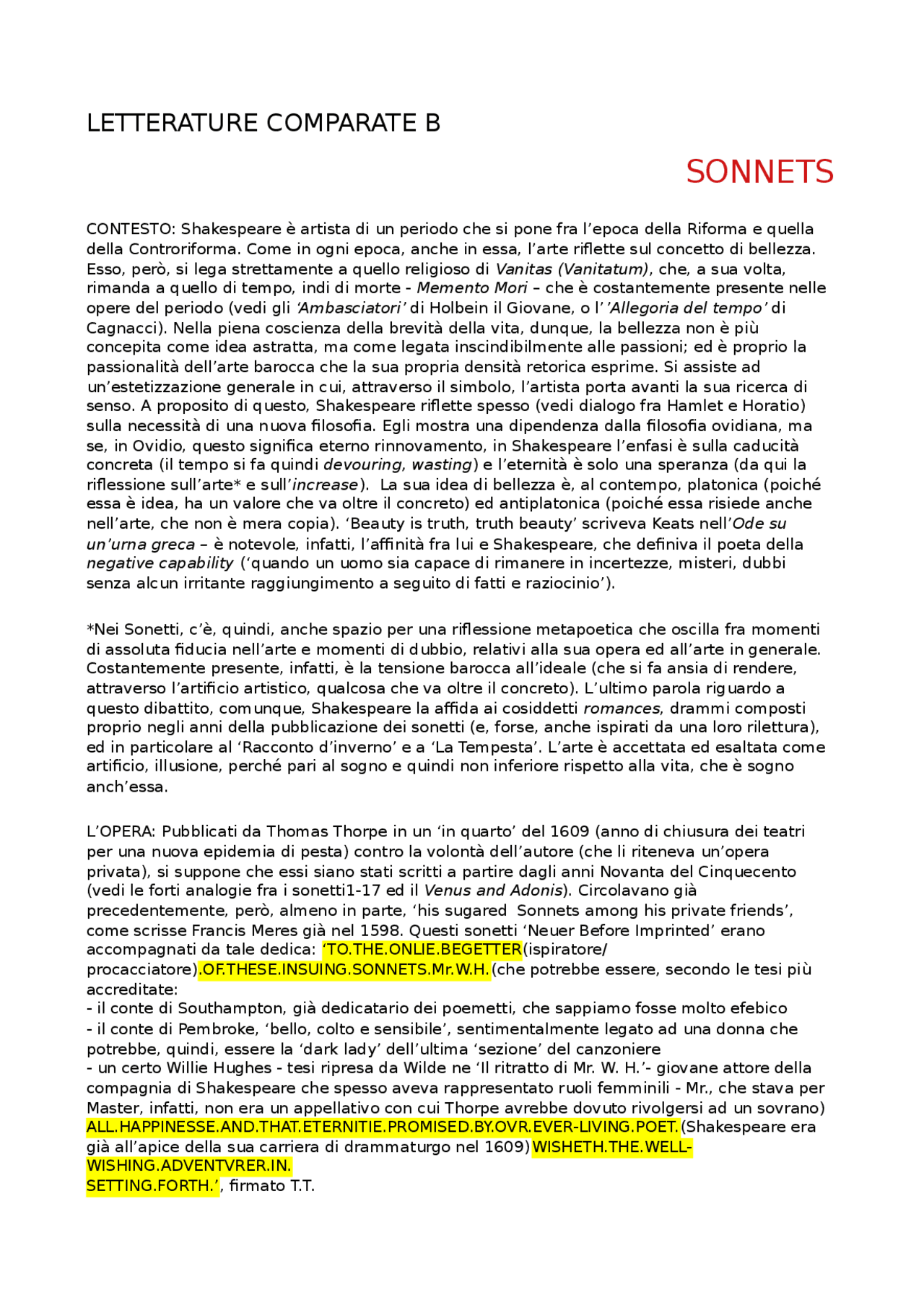 Appunti Sui Sonetti Di Shakespeare Docsity