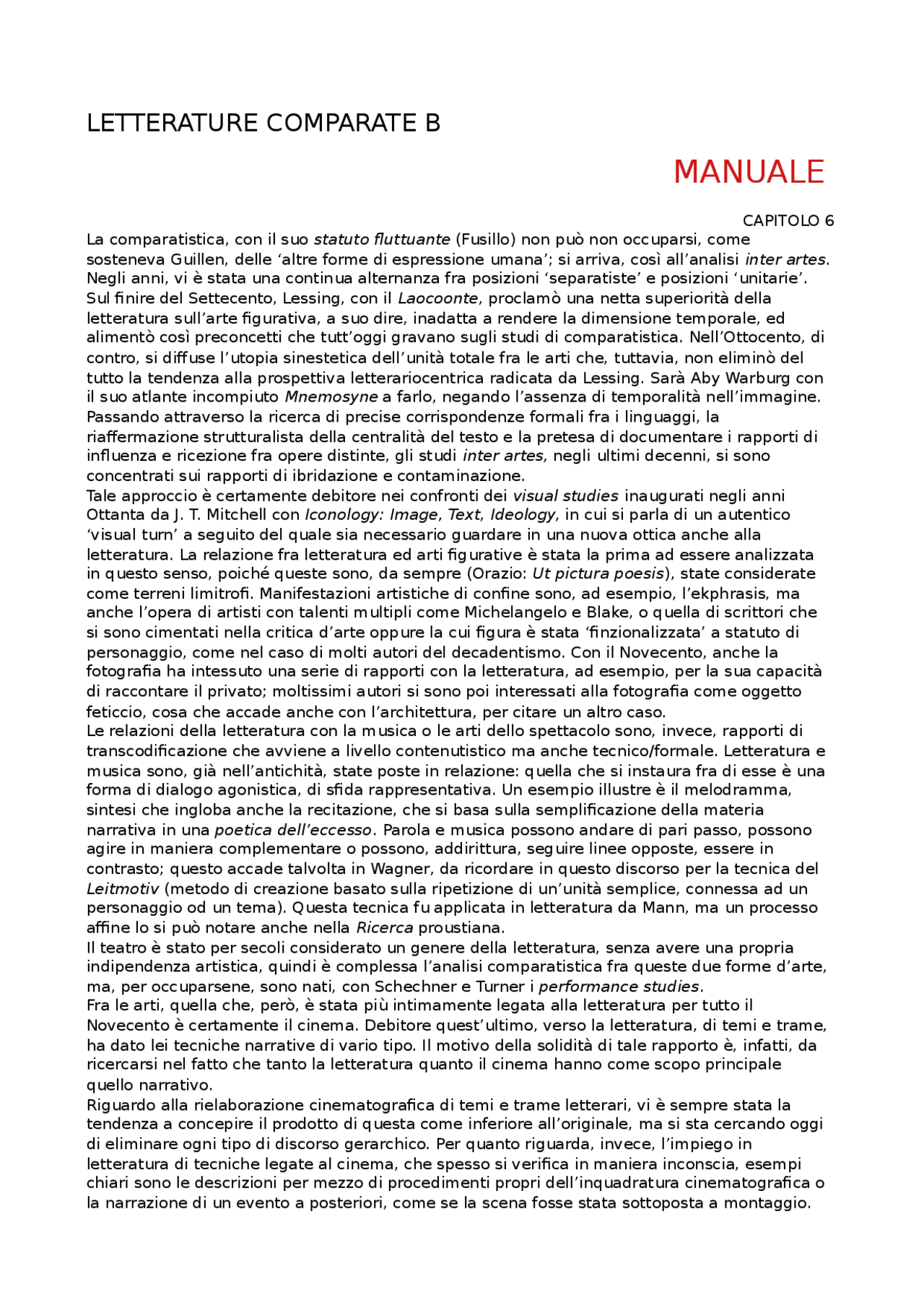 Sintesi Della Seconda Metà Del Manuale Letterature Comparate A Cura