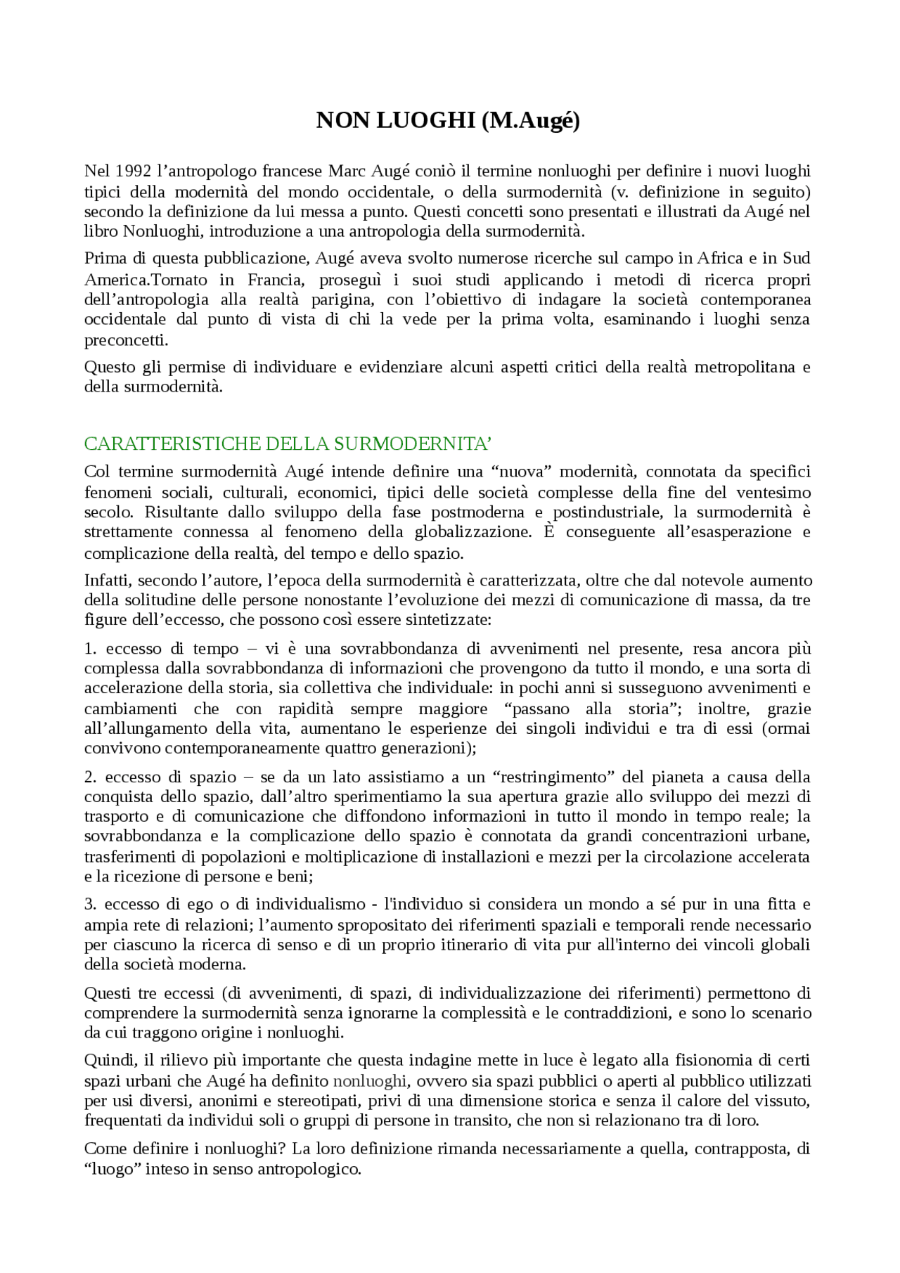 Non Luoghi Di Marc Augé Docsity