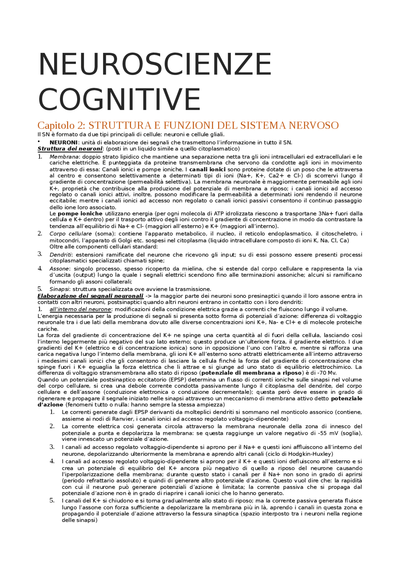 Riassunto Neuroscienze Cognitive Docsity