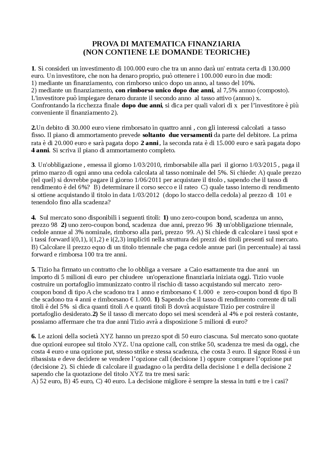 Simulazione esame matematica finanziaria 2017 - Docsity