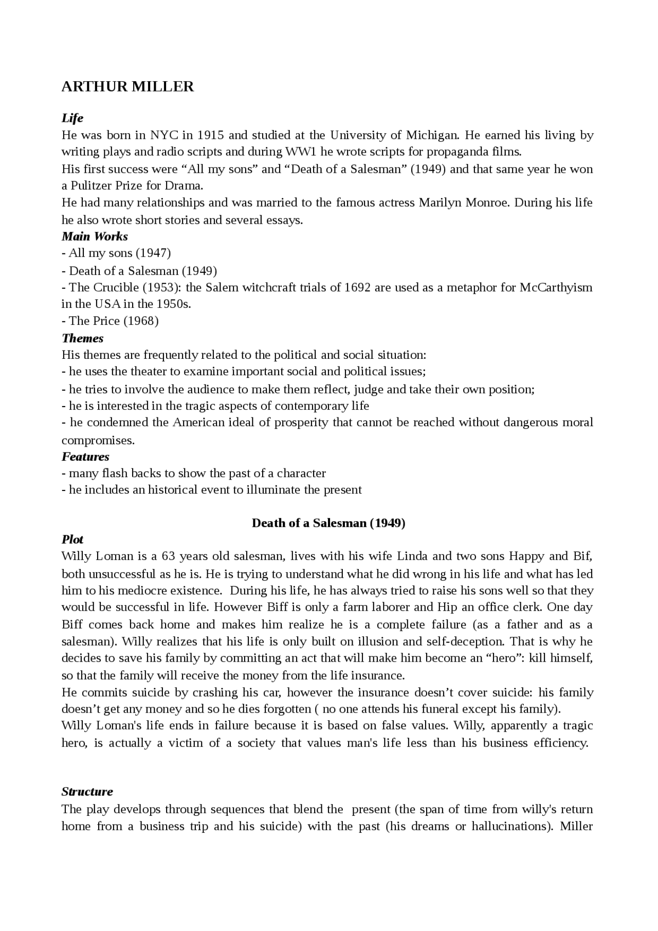 The life and works of Arthur Miller - Docsity