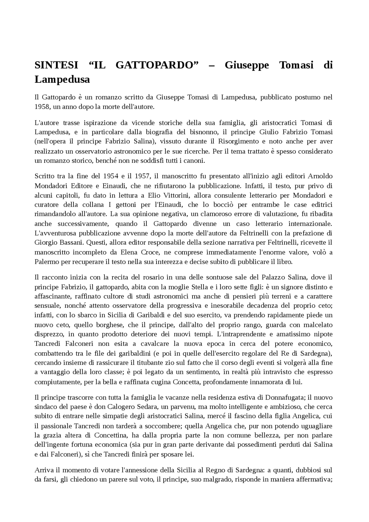 Sintesi Il Gattopardo Docsity