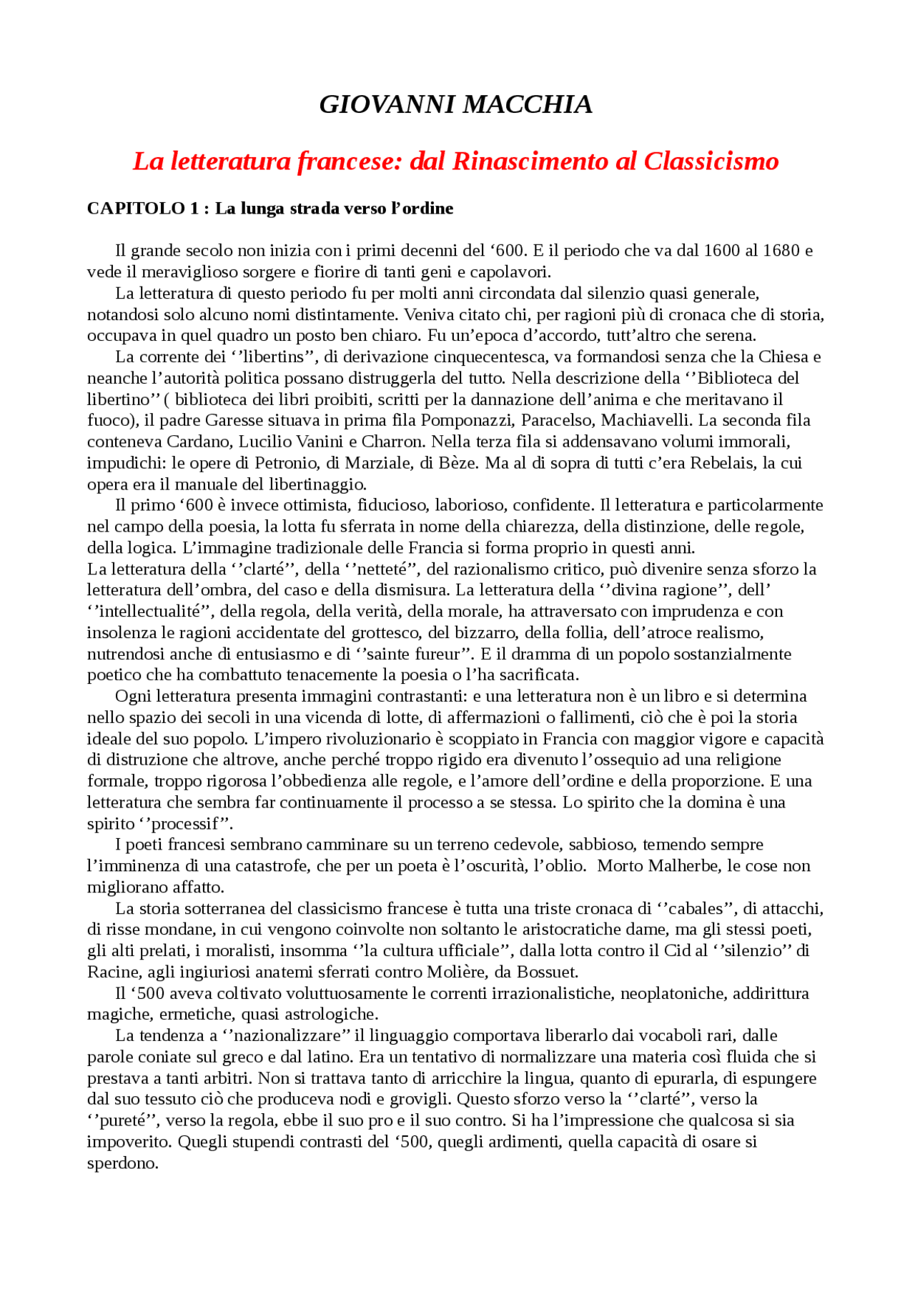 Dal Rinascimento Al Classicismo Giovanni Macchia Docsity