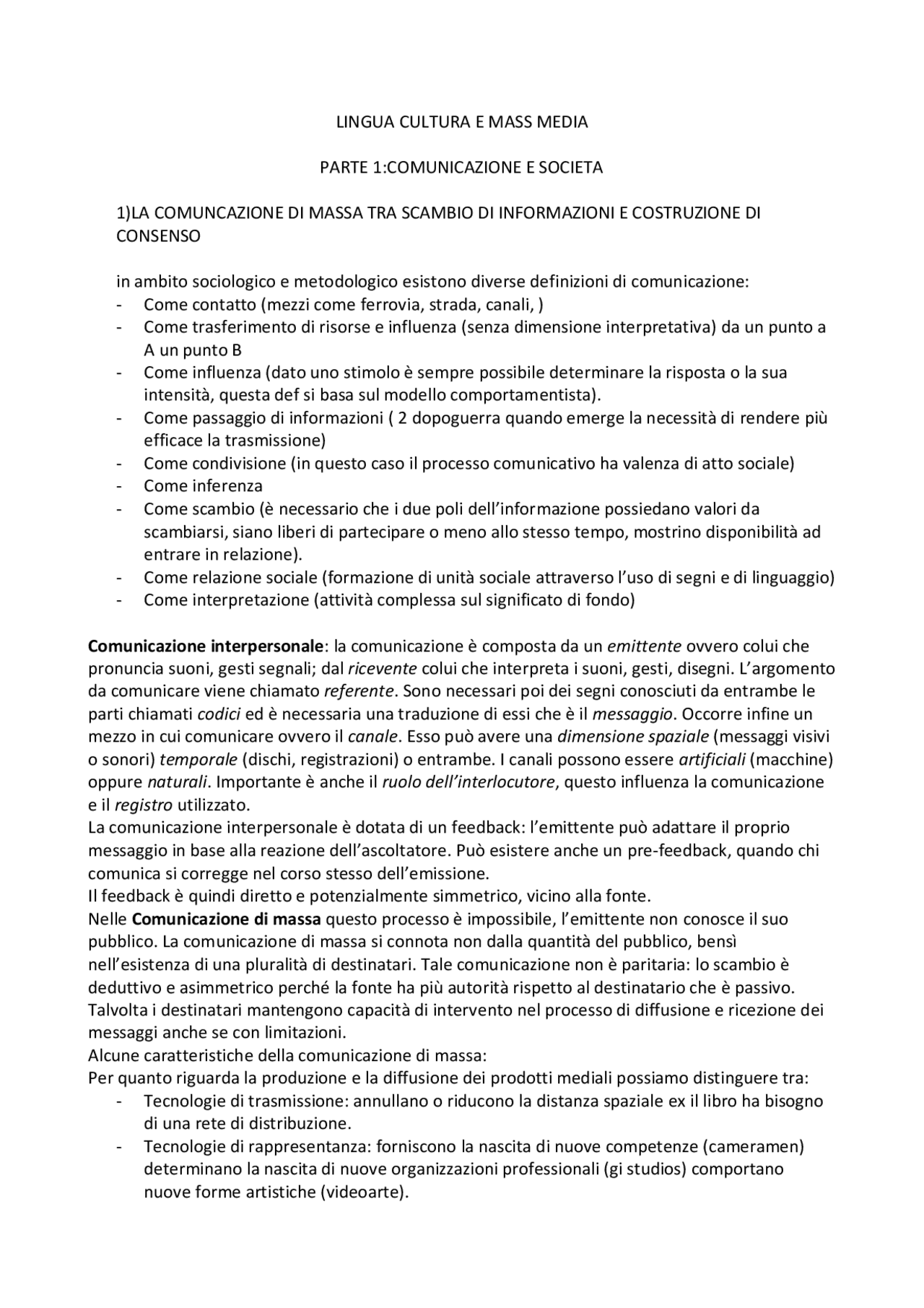 Comunicazione Cultura E Mass Media Docsity