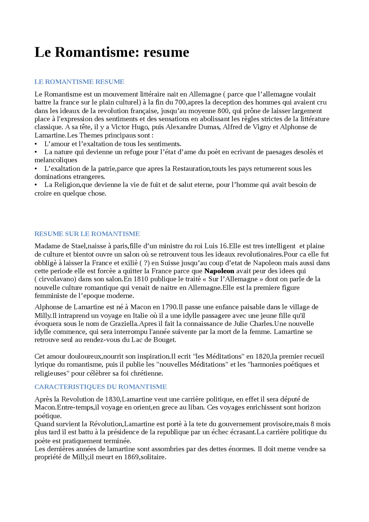 Riassunto Sul Romanticismo In Lingua Francese Docsity