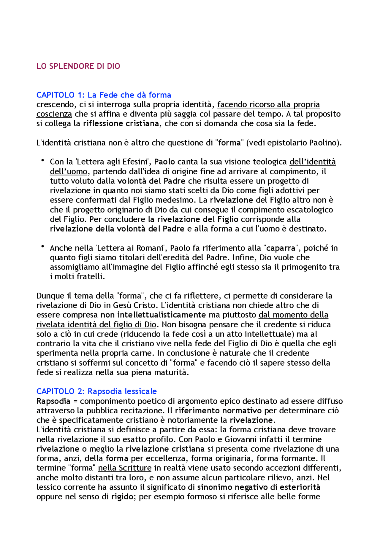 Lo Splendore Di Dio Completo Riassunto Docsity