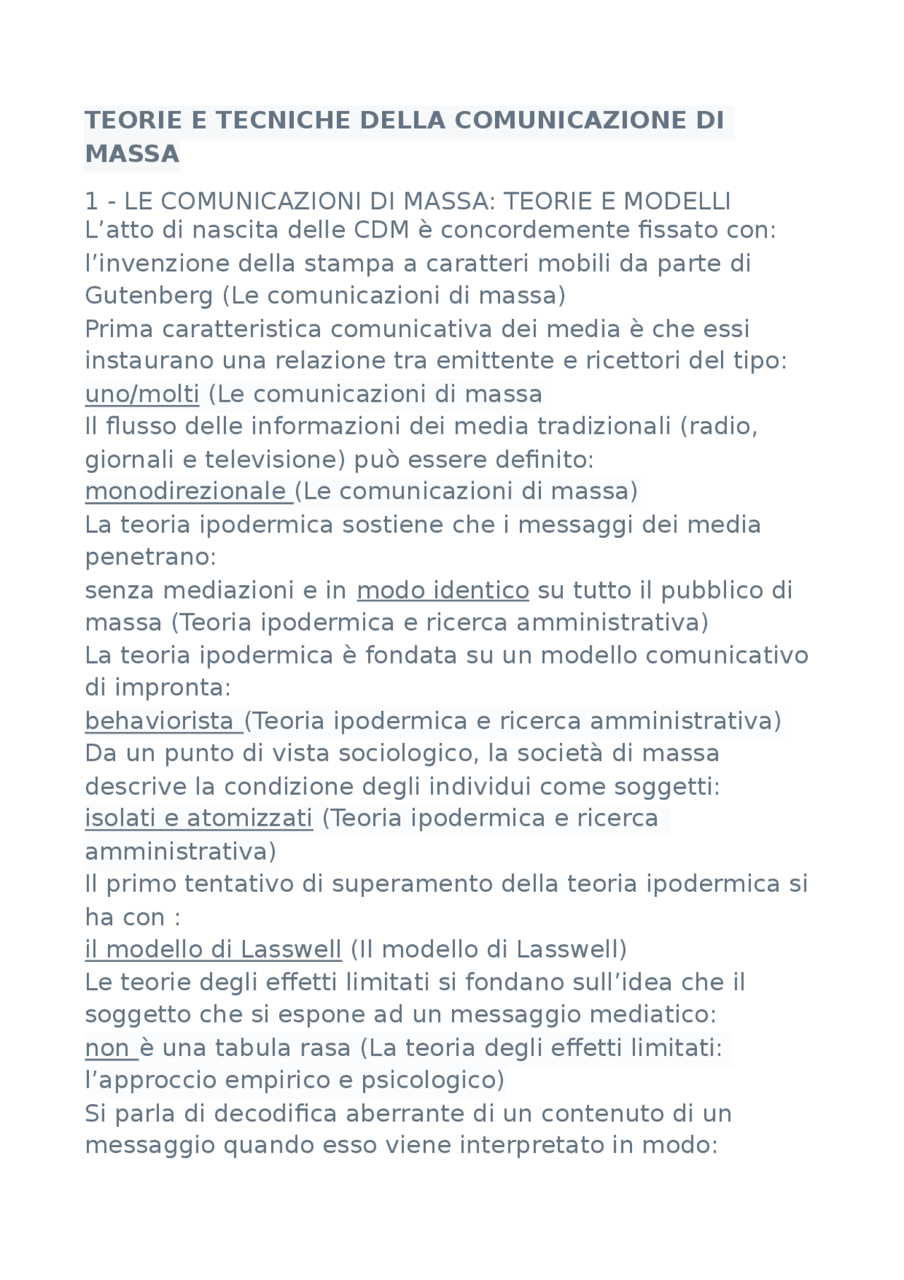 Teorie E Tecniche Della Comunicazione Di Massa Docsity