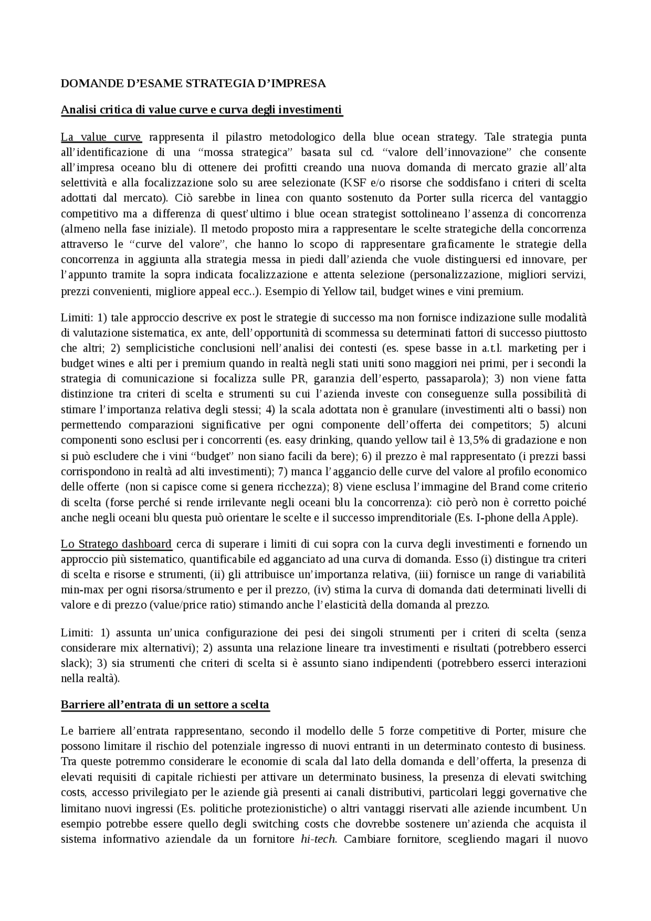 Domande Strategia Dimpresa Docsity