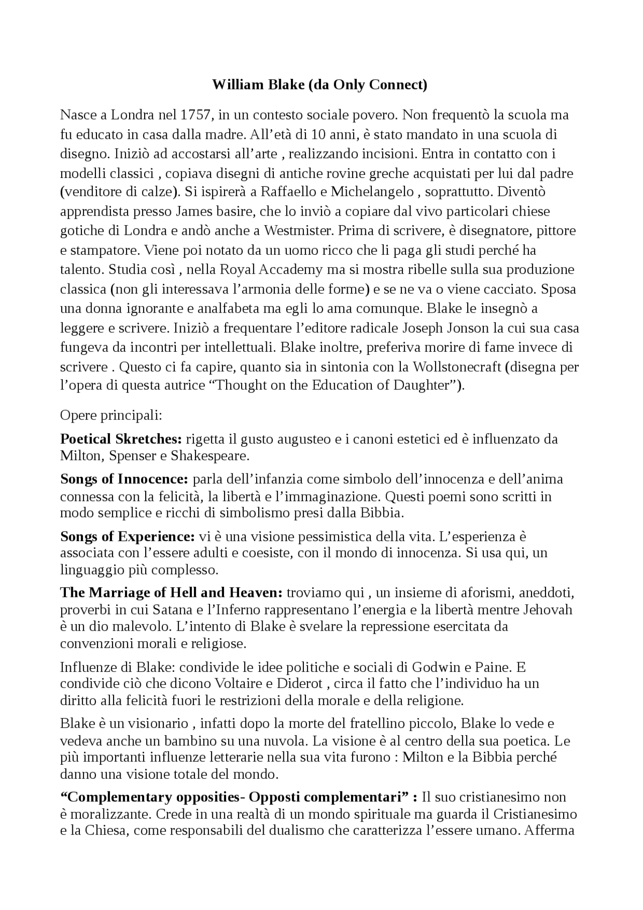 Riassunto William Blake Docsity