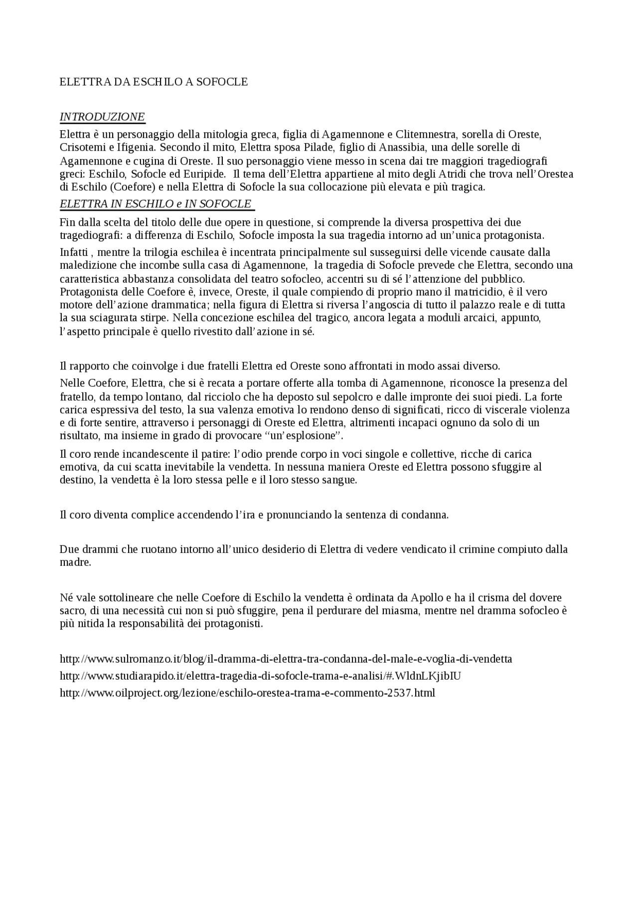 Personaggio di Elettra in Eschilo e in Sofocle | Guide, Progetti e Ricerche di Greco | Docsity