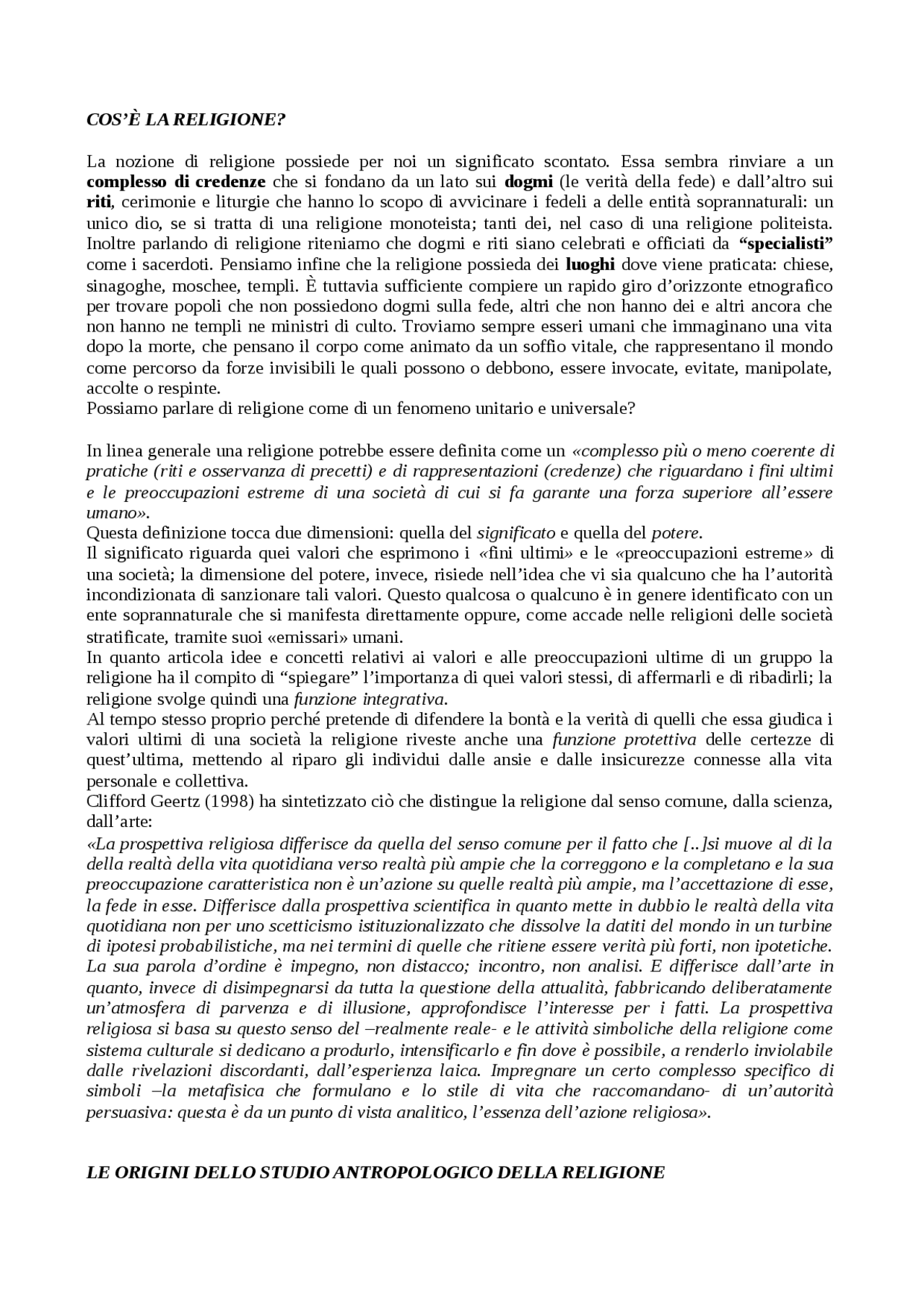 Che cos'è la religione? - Docsity