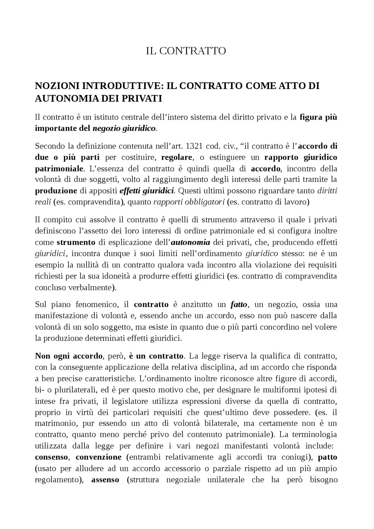 Il contratto. (Diritto Privato) - Docsity