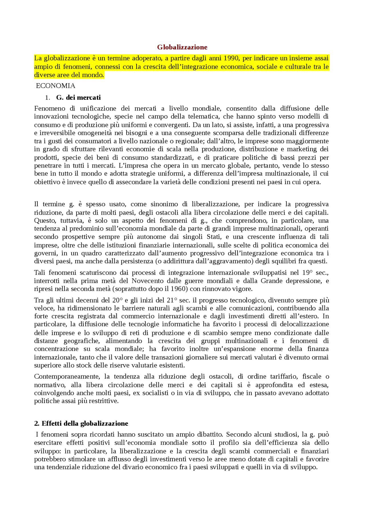Globalizzazione Argomento Quinto Anno Liceo Scienze Umane Docsity