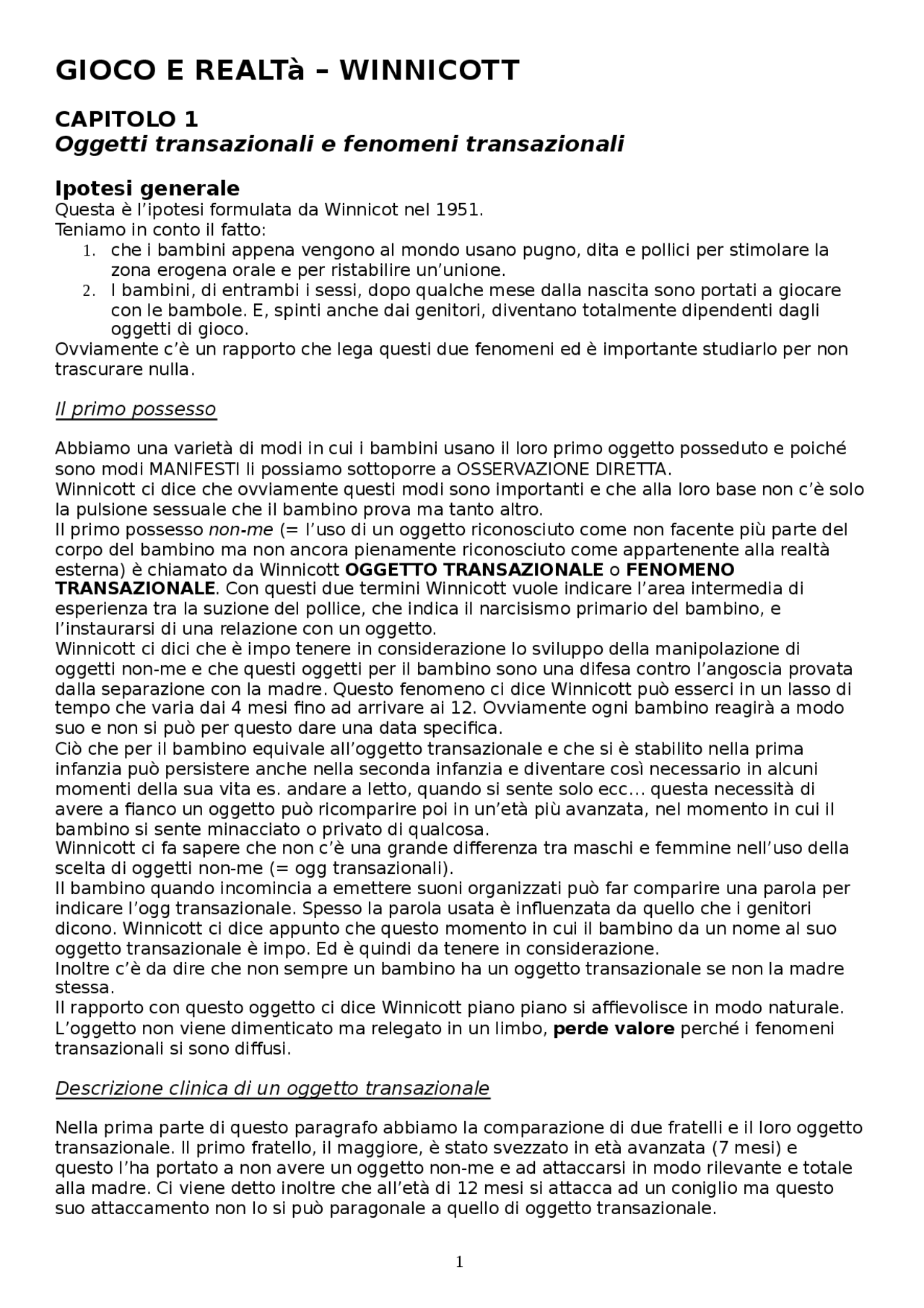 Gioco E Realtà Di Winnicott Docsity