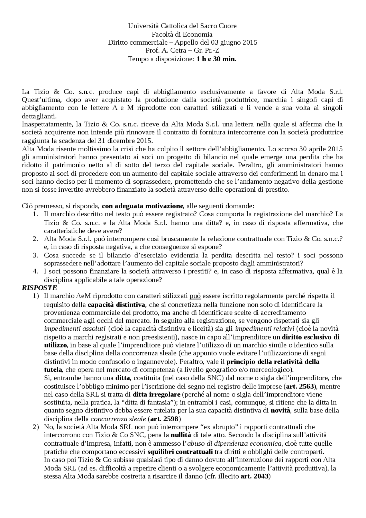 Prova Di Diritto Commerciale Con Risposte Prof Cetra 062015