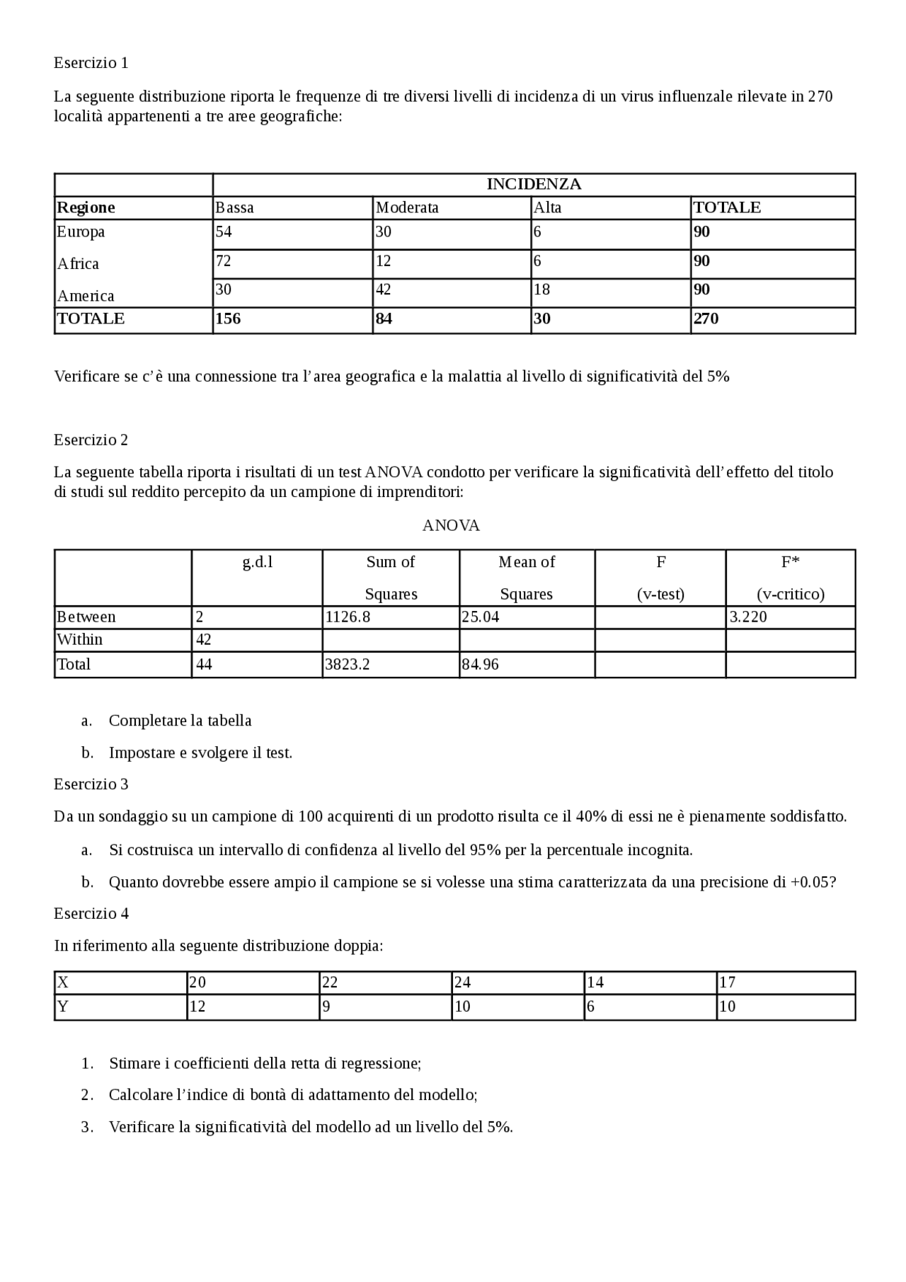 Esempio Esame Statistica Docsity