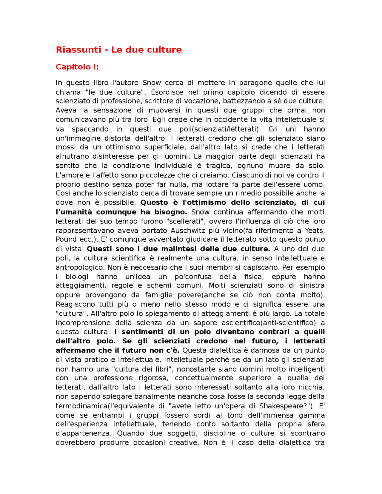 Le Due Culture Riassunto Docsity