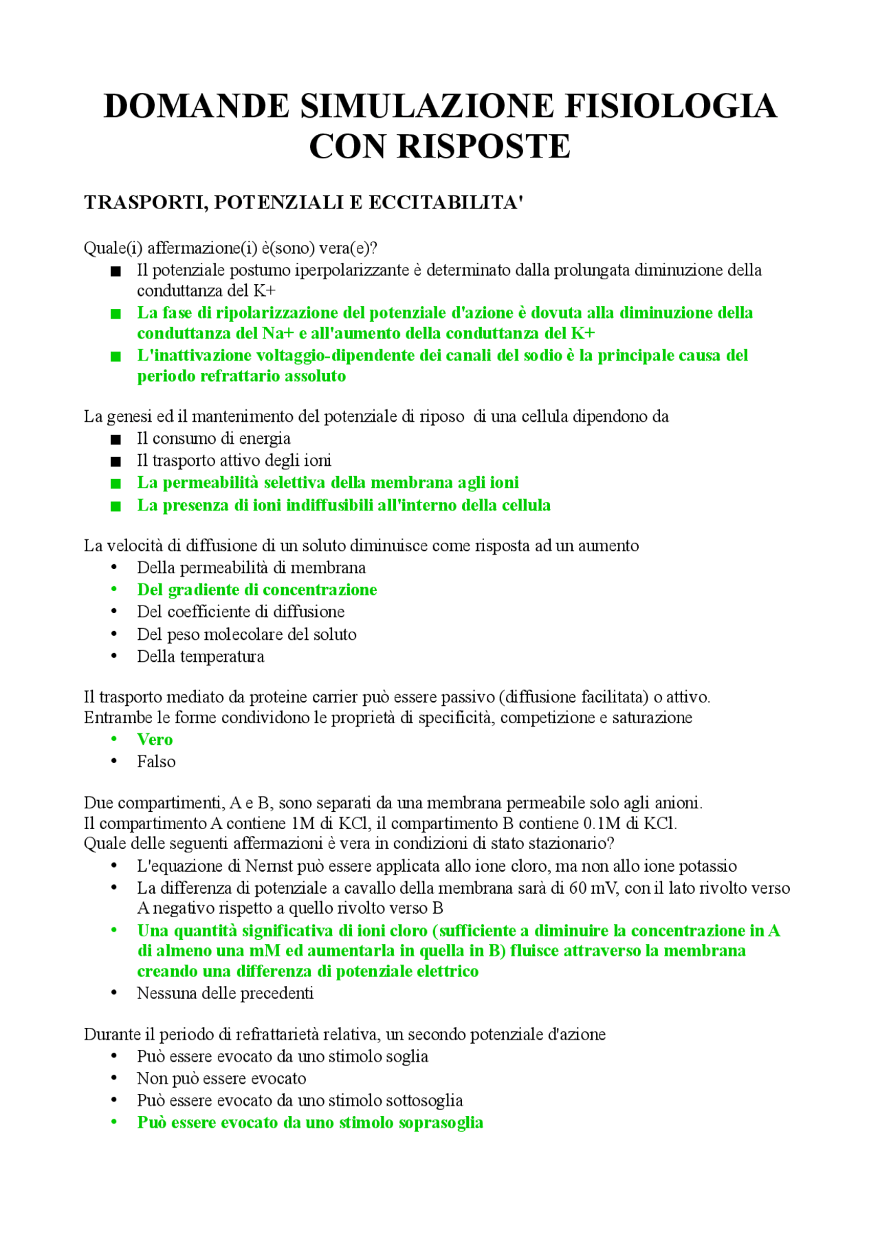 Domande Di Fisiologia Prove Desame Di Fisiologia Docsity