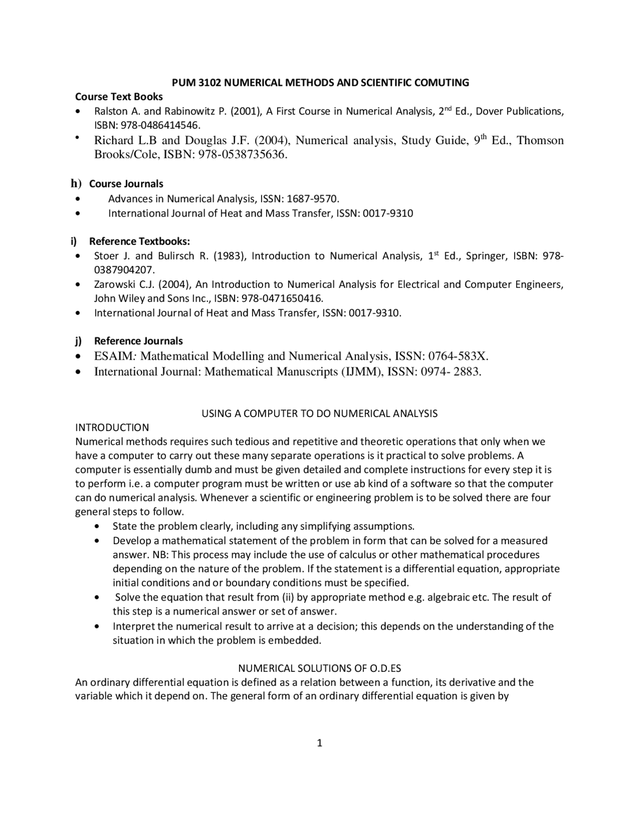 Numerical Analysis Notes At Pausti 2018 First Semester Docsity