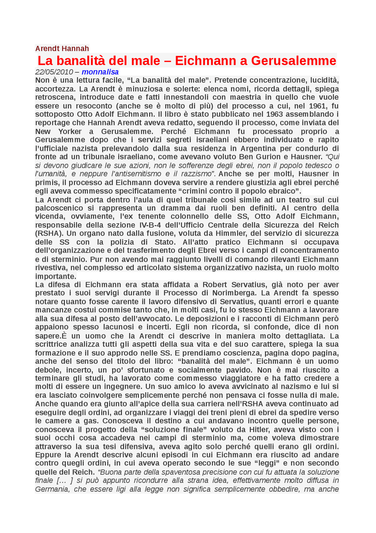 Hannah Arendt Le Banalità Del Male Docsity