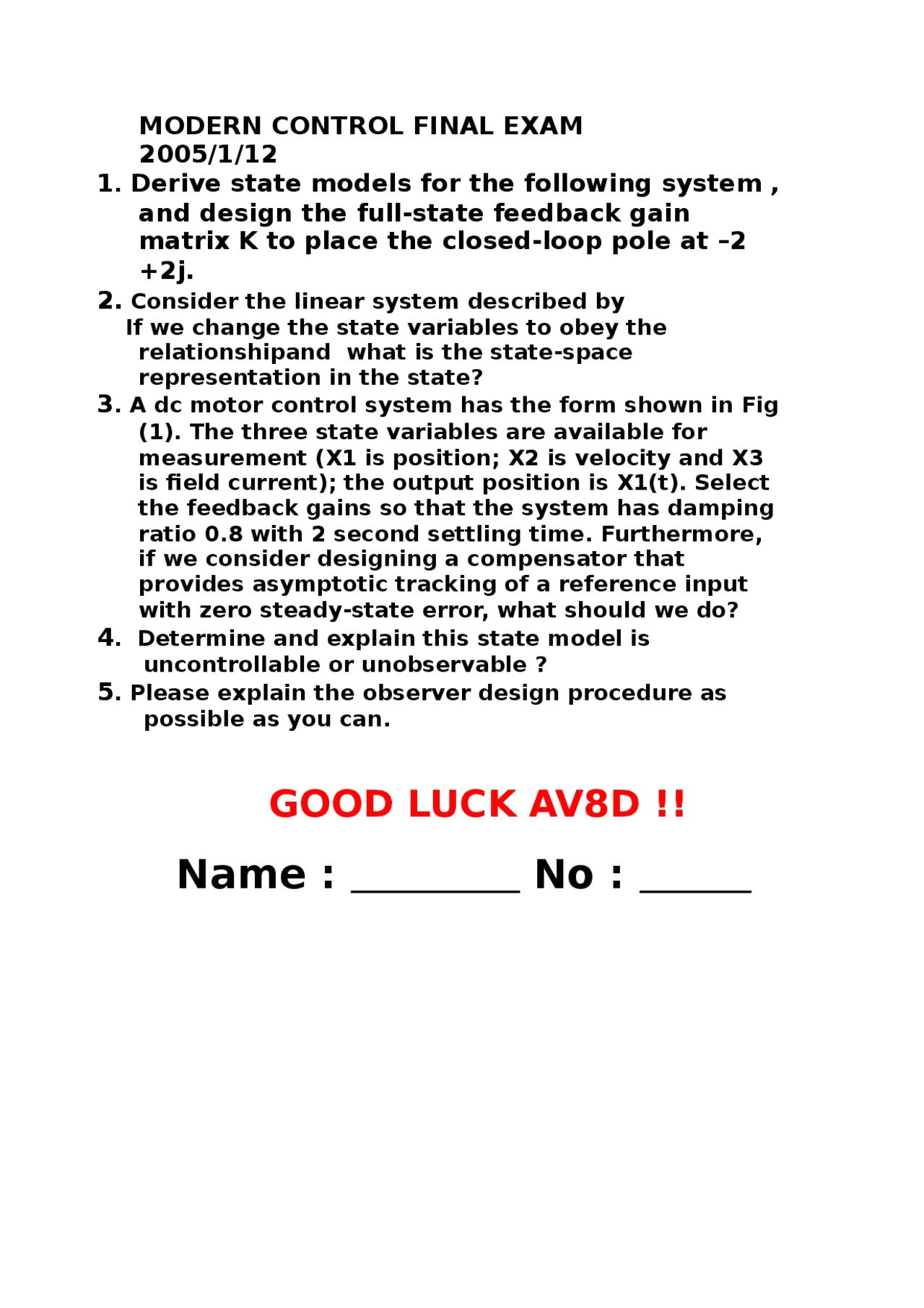 Modern Control Final Exam Exams Control Systems Docsity