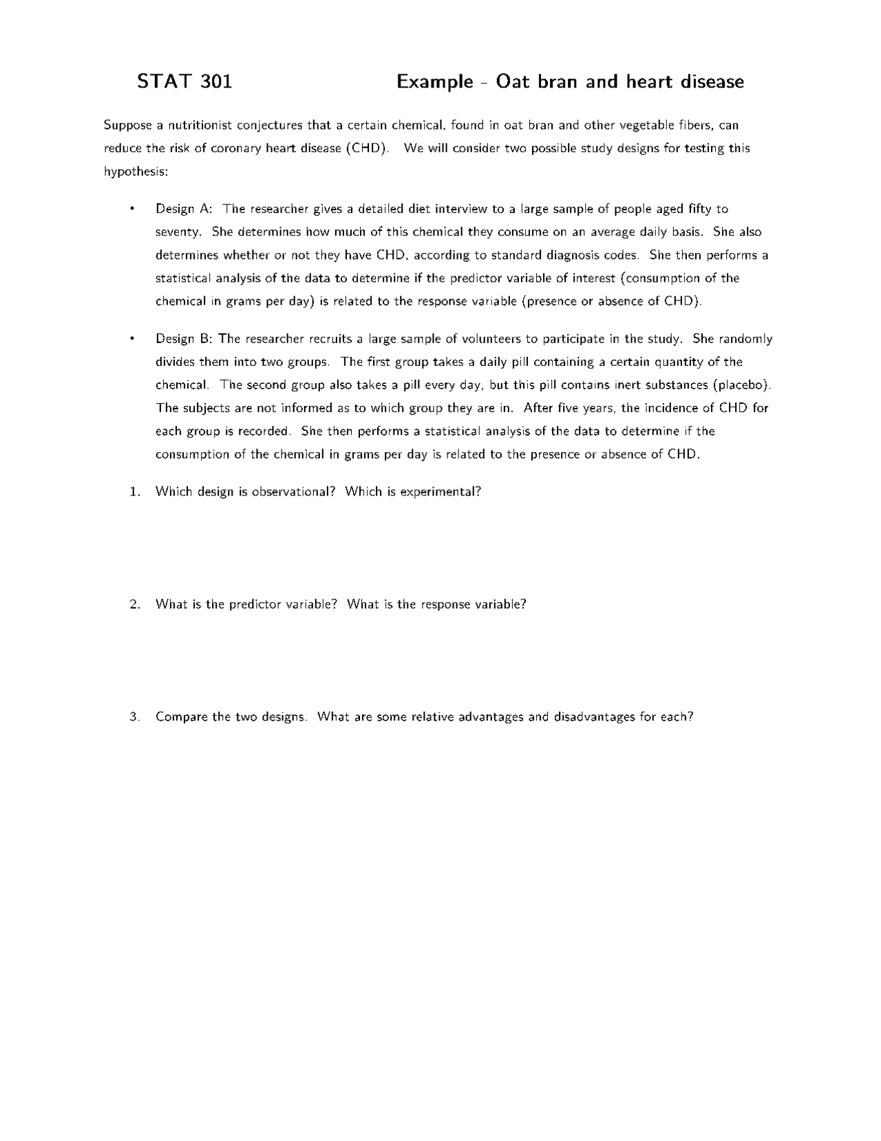 Example - Oat Bran and Heart Disease - Lecture Notes | STAT 301 | Study ...
