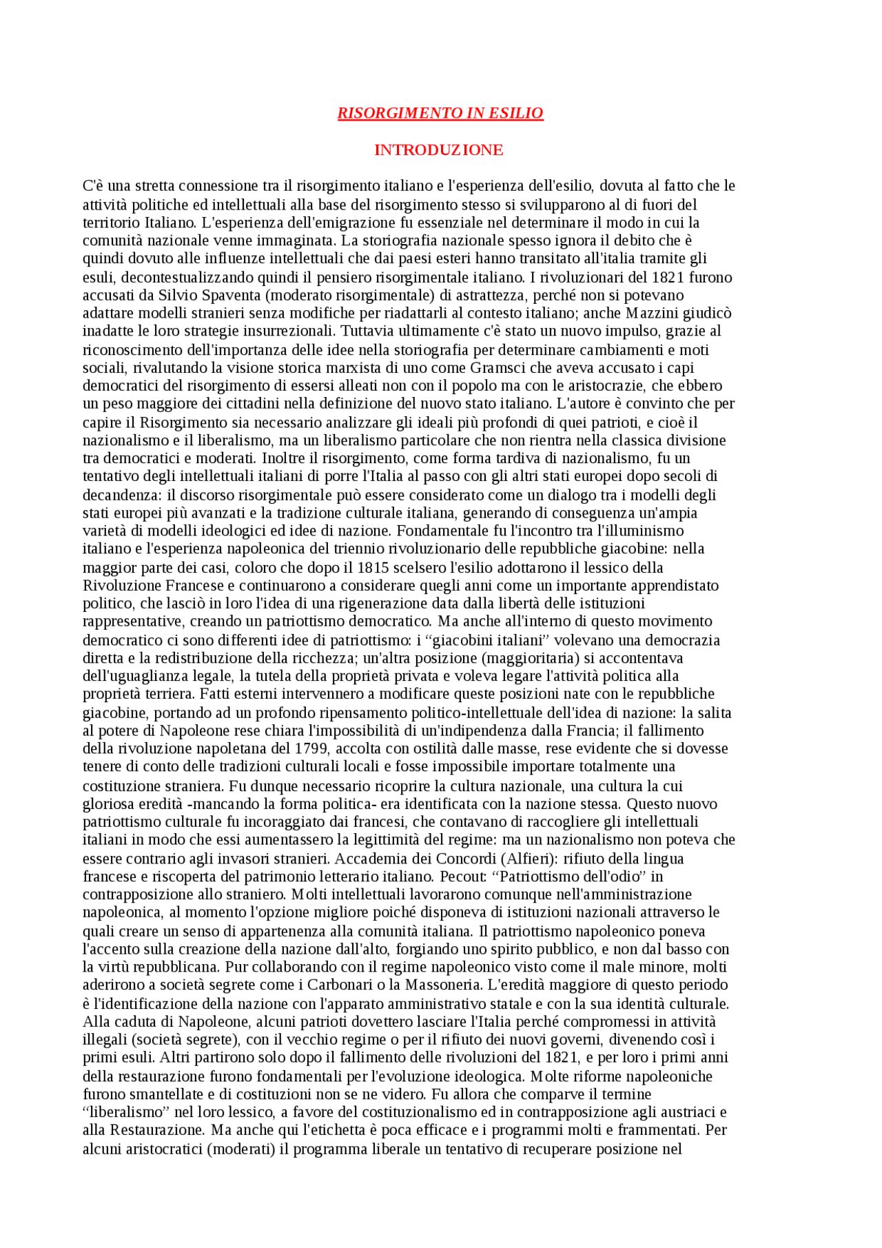 Risorgimento In Esilio Docsity