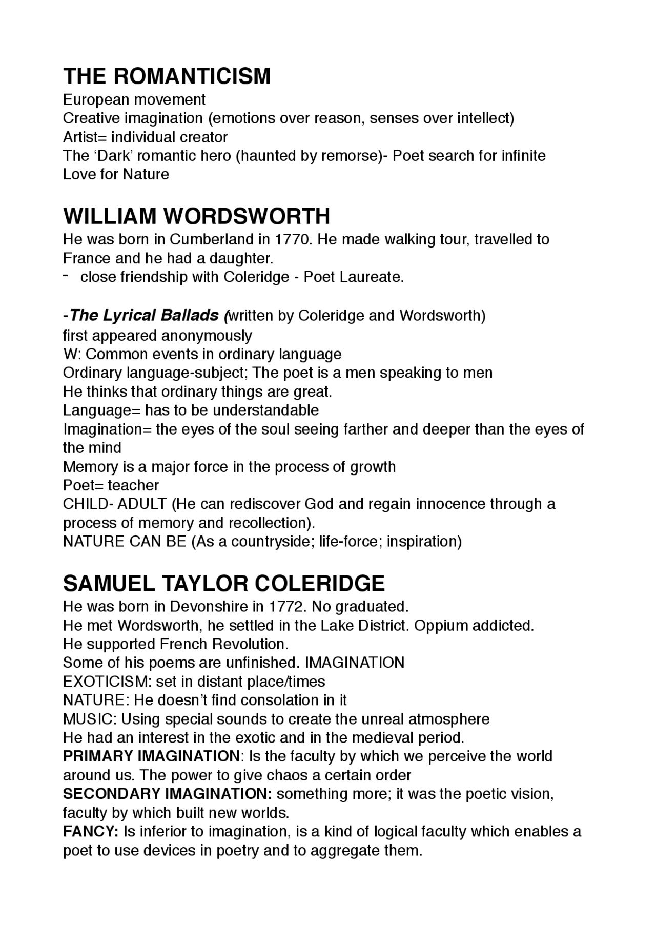 Appunti Sui Poeti Del Romanticismo Wordsworth Coleridge Docsity