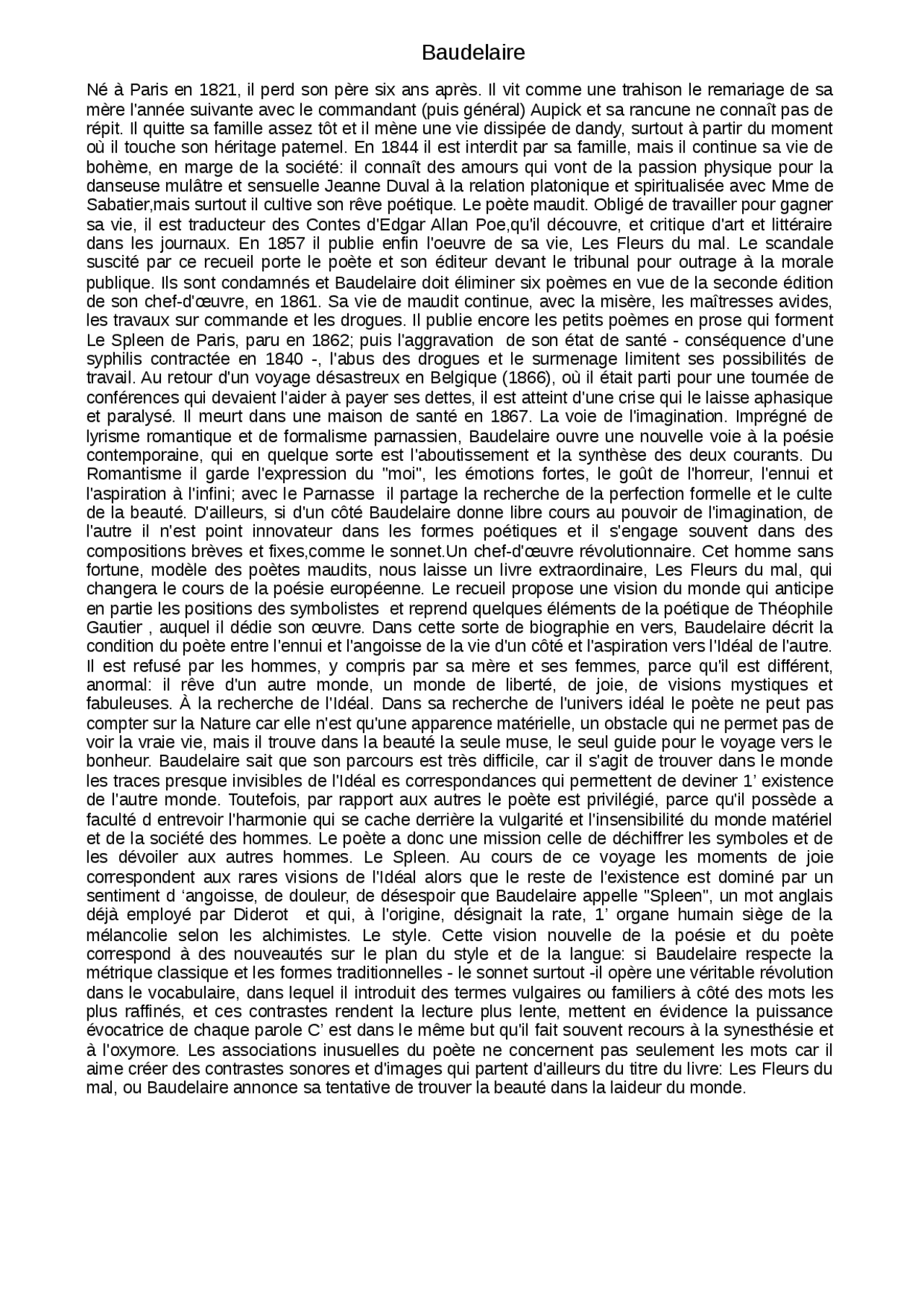 Appunti Di Letteratura Francese Su Baudelaire Docsity