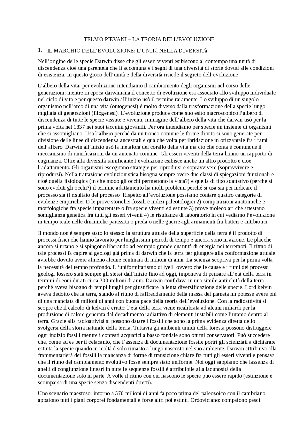 Teoria Dellevoluzione Docsity