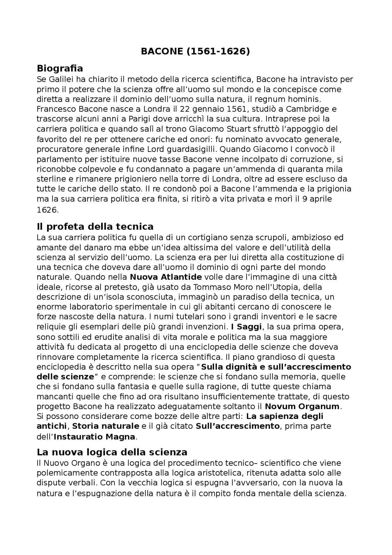 Bacone Pensiero Filosofico Docsity