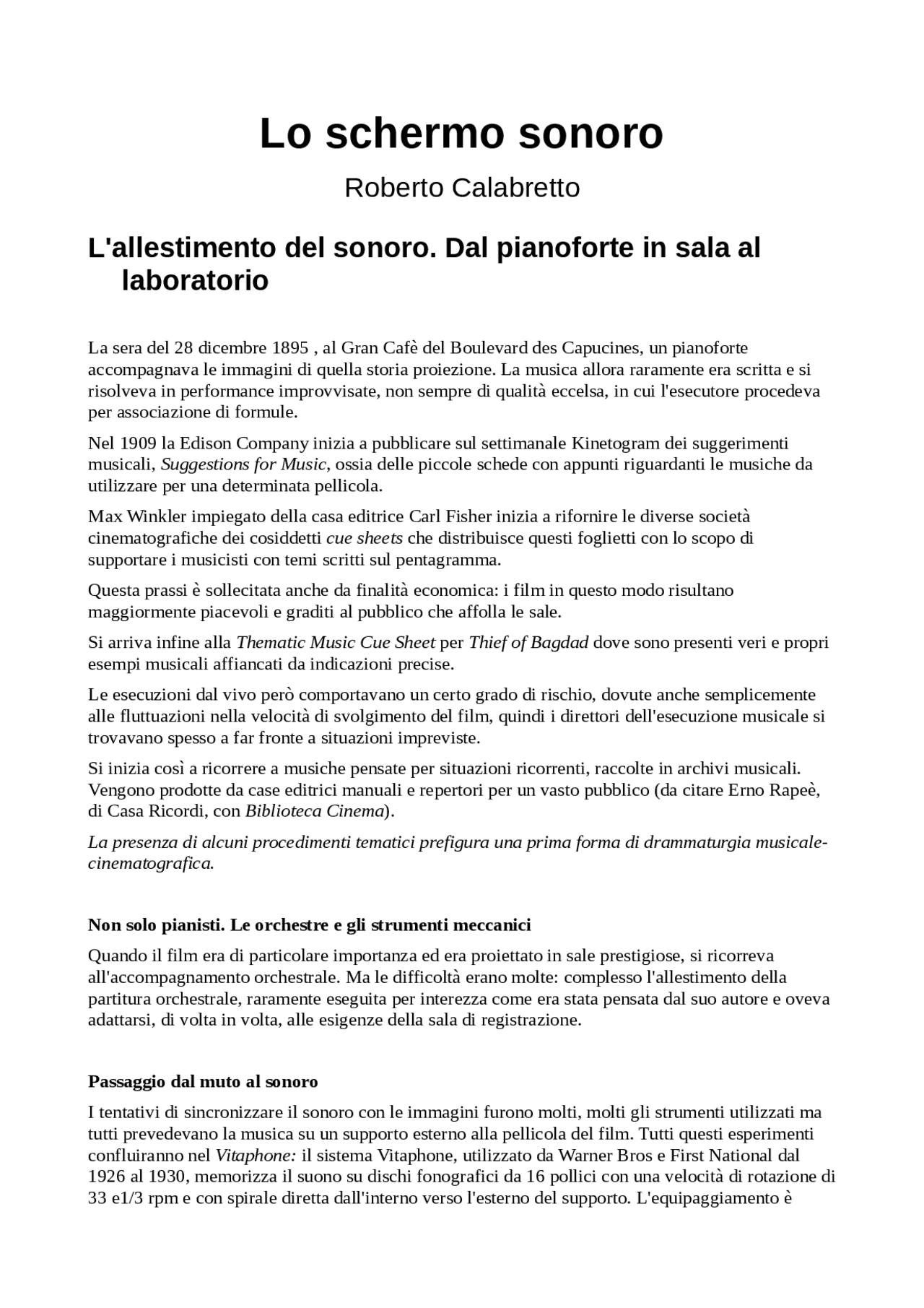 Lo Schermo Sonoro Roberto Calabretto Docsity