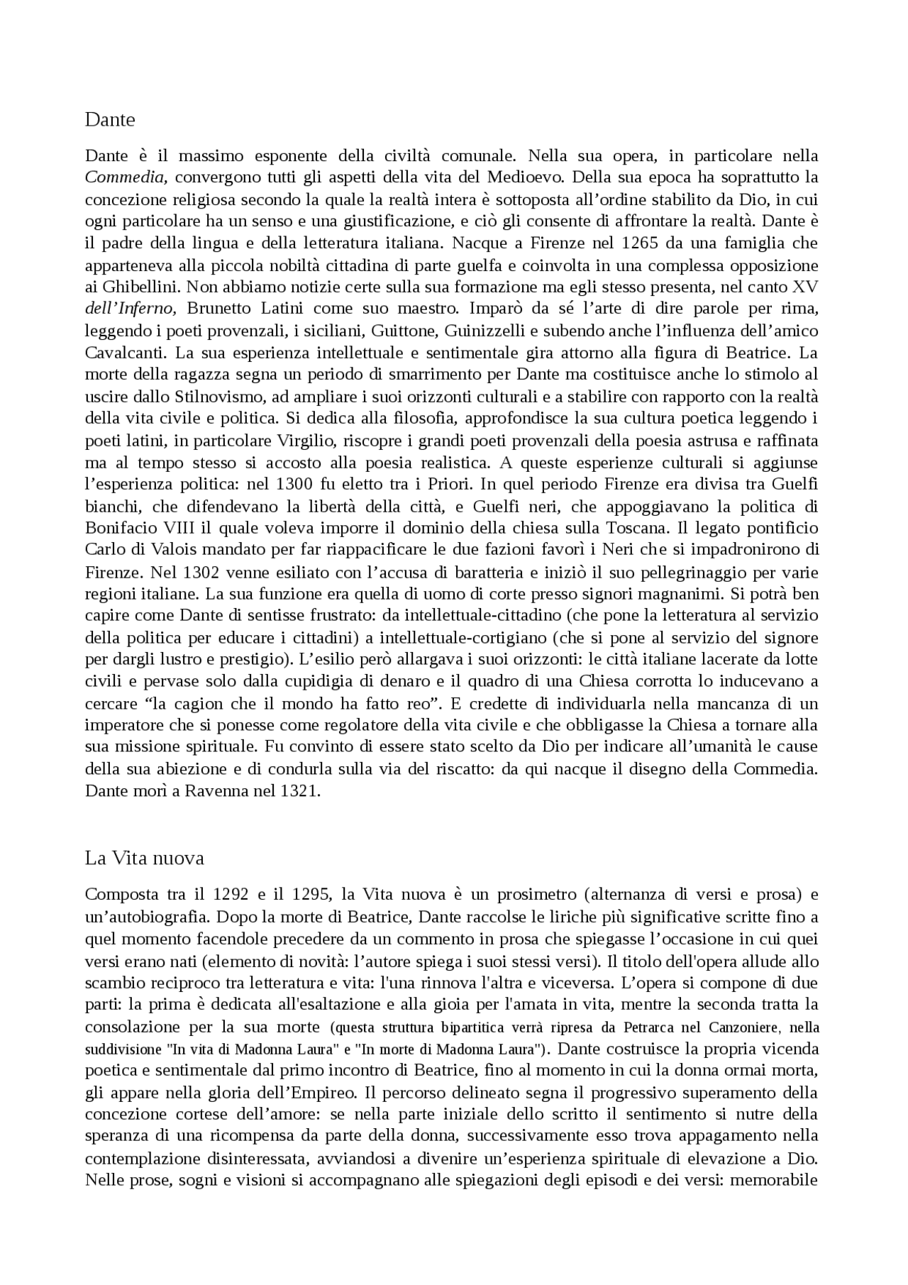 Riassunto Dante E Le Sue Opere Docsity