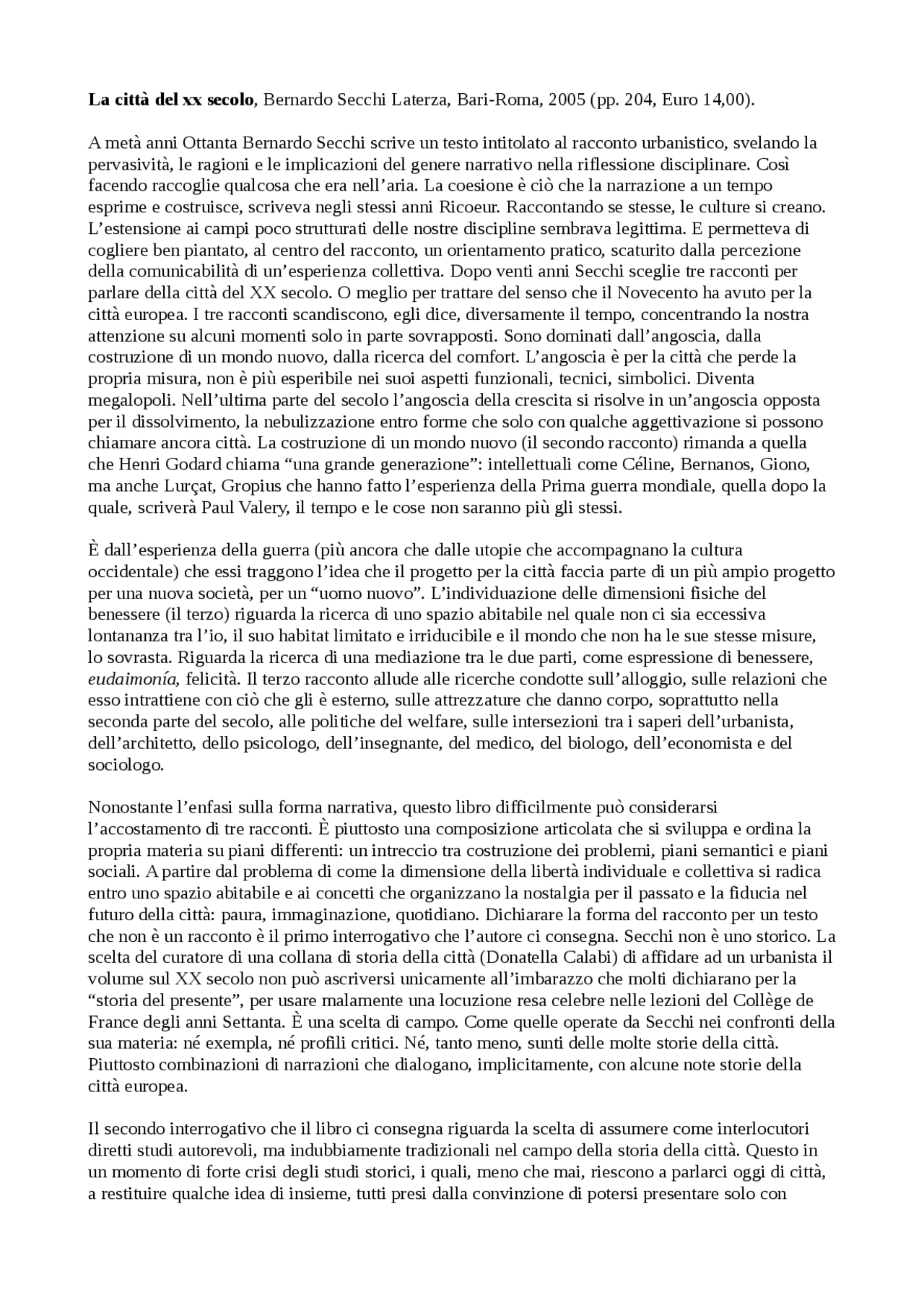 Sintesi La Città Del Xx Secolo Docsity