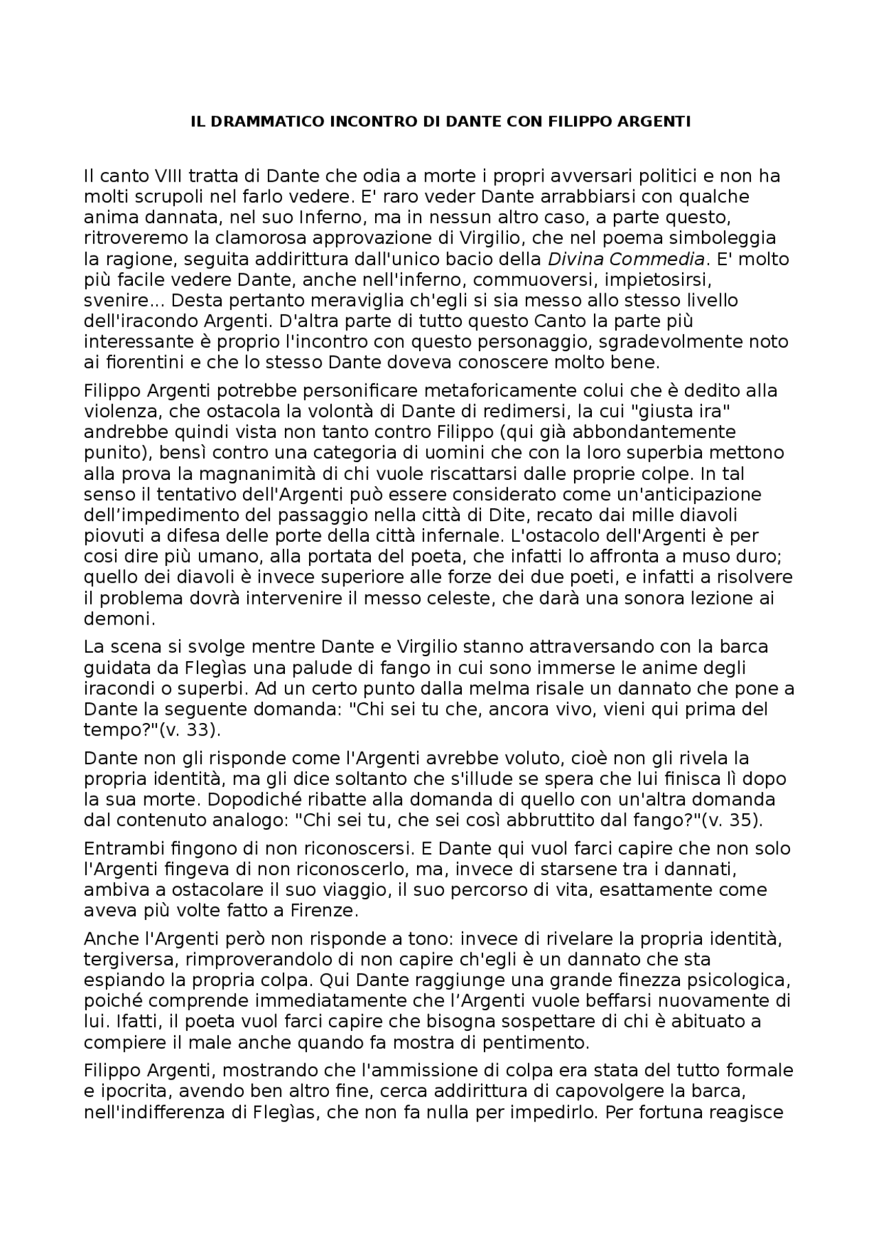 Il drammatico incontro di Dante con Filippo Argenti - Docsity