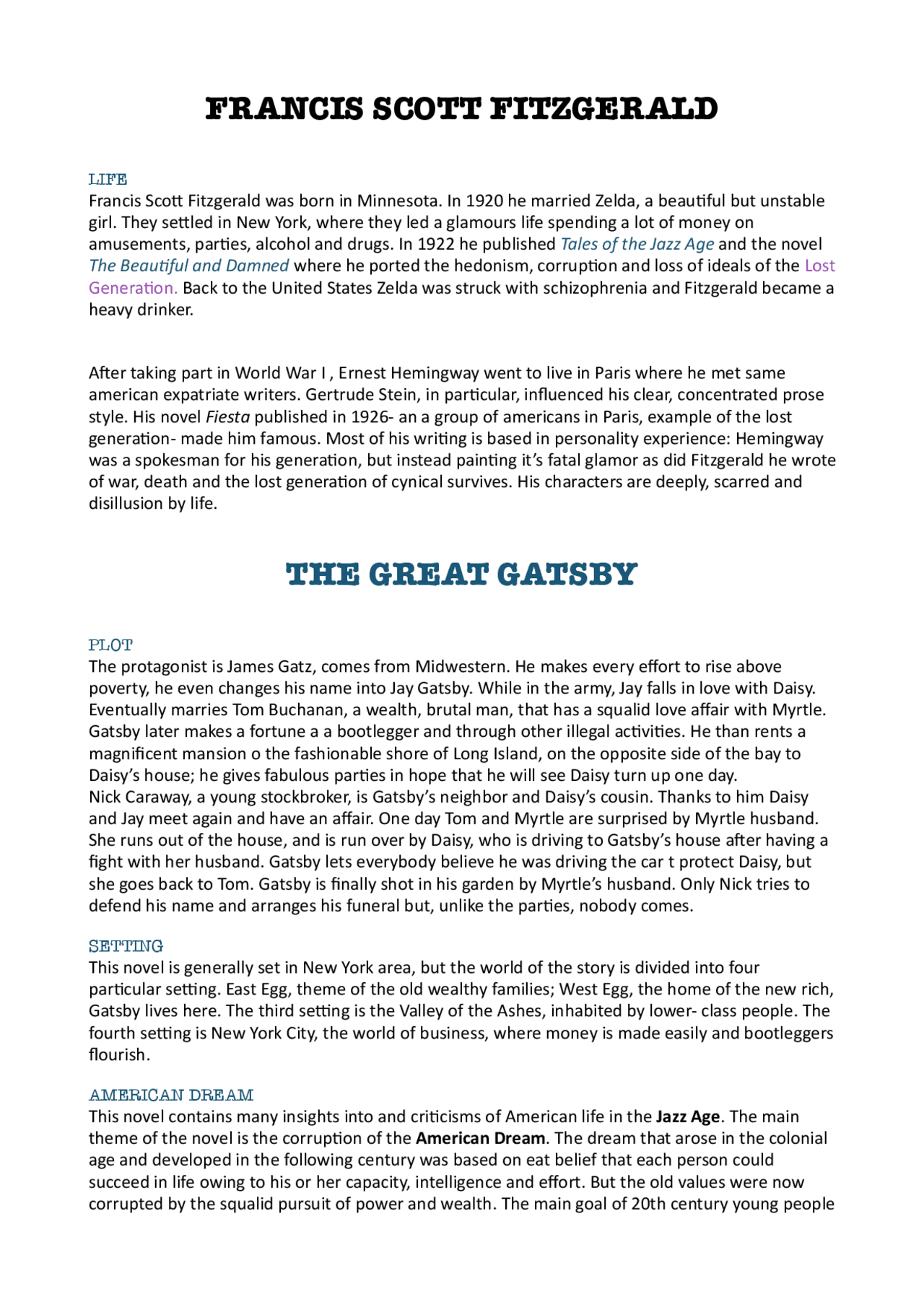 FITZGERALD, THE JAZZ AGE AND LOST GENERATION, HEMINGWAY, ORWELL - Docsity