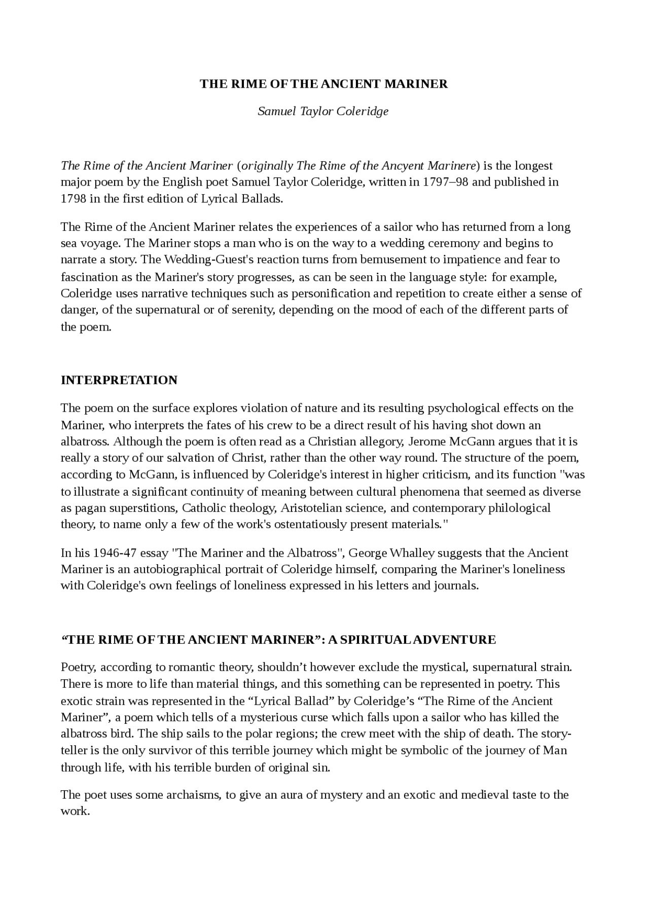 THE RIME OF THE ANCIENT MARINER (Coleridge) - Docsity