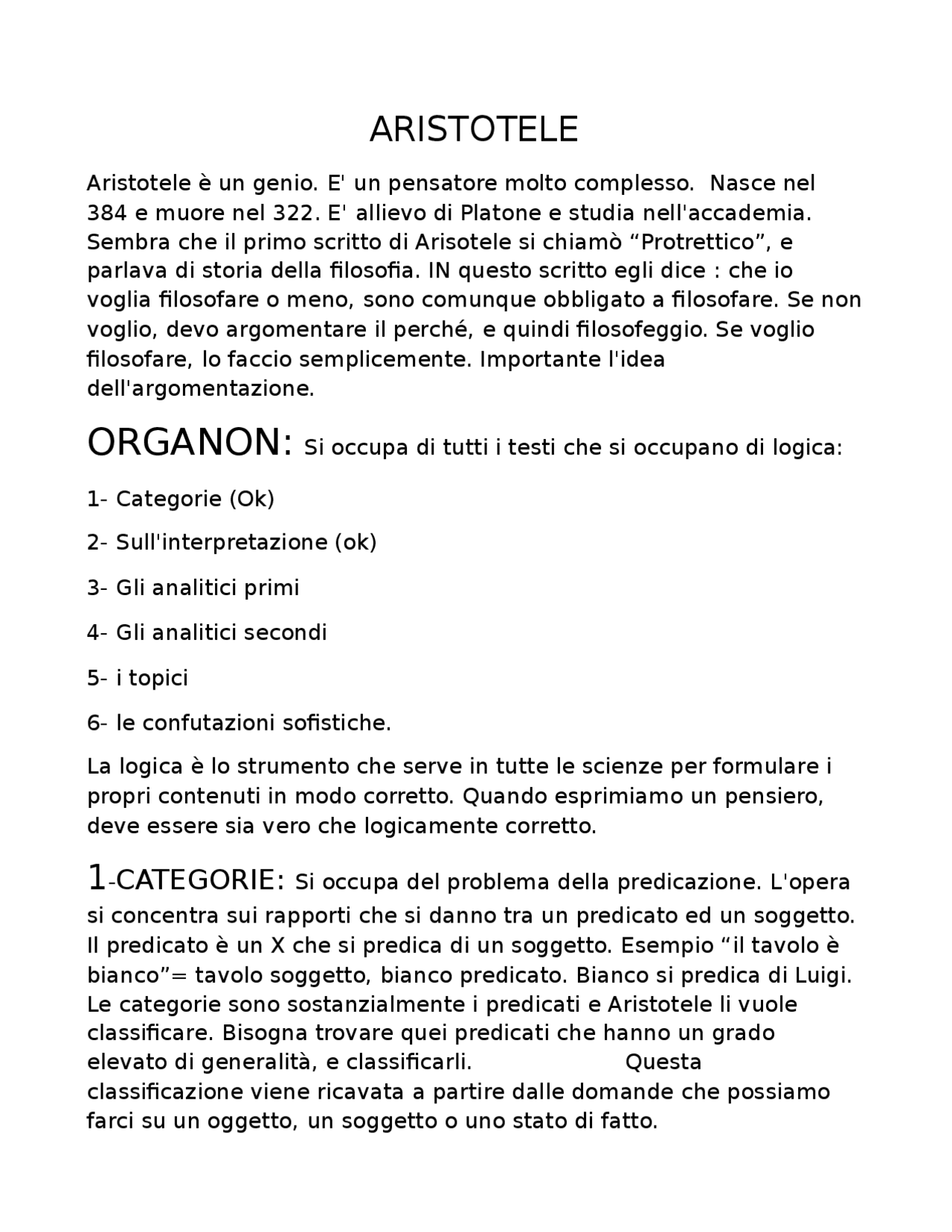 Aristotele Riassunto Completo Del Suo Pensiero Docsity