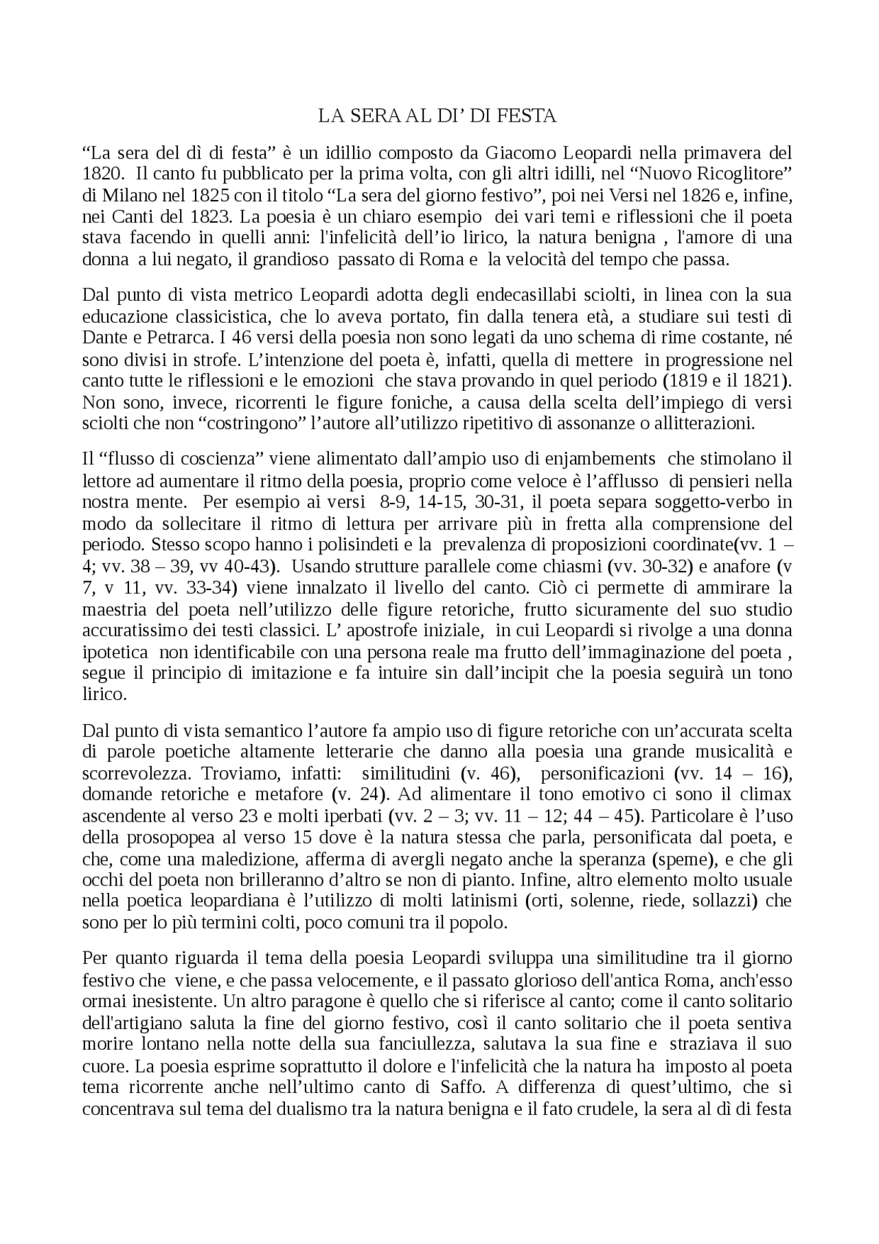 La Sera Al Dì Di Festa Docsity