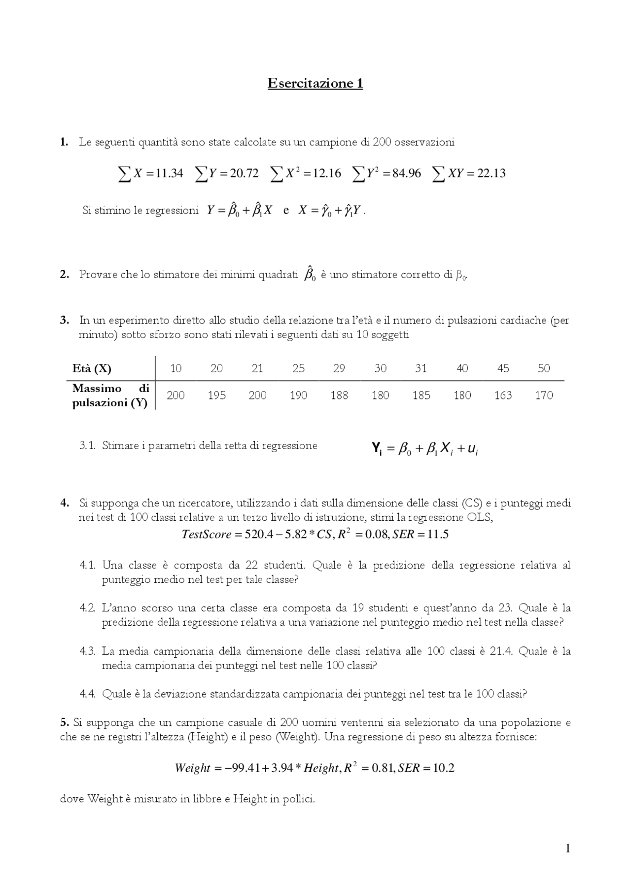Esercizi Econometria Testo Esercizi Docsity