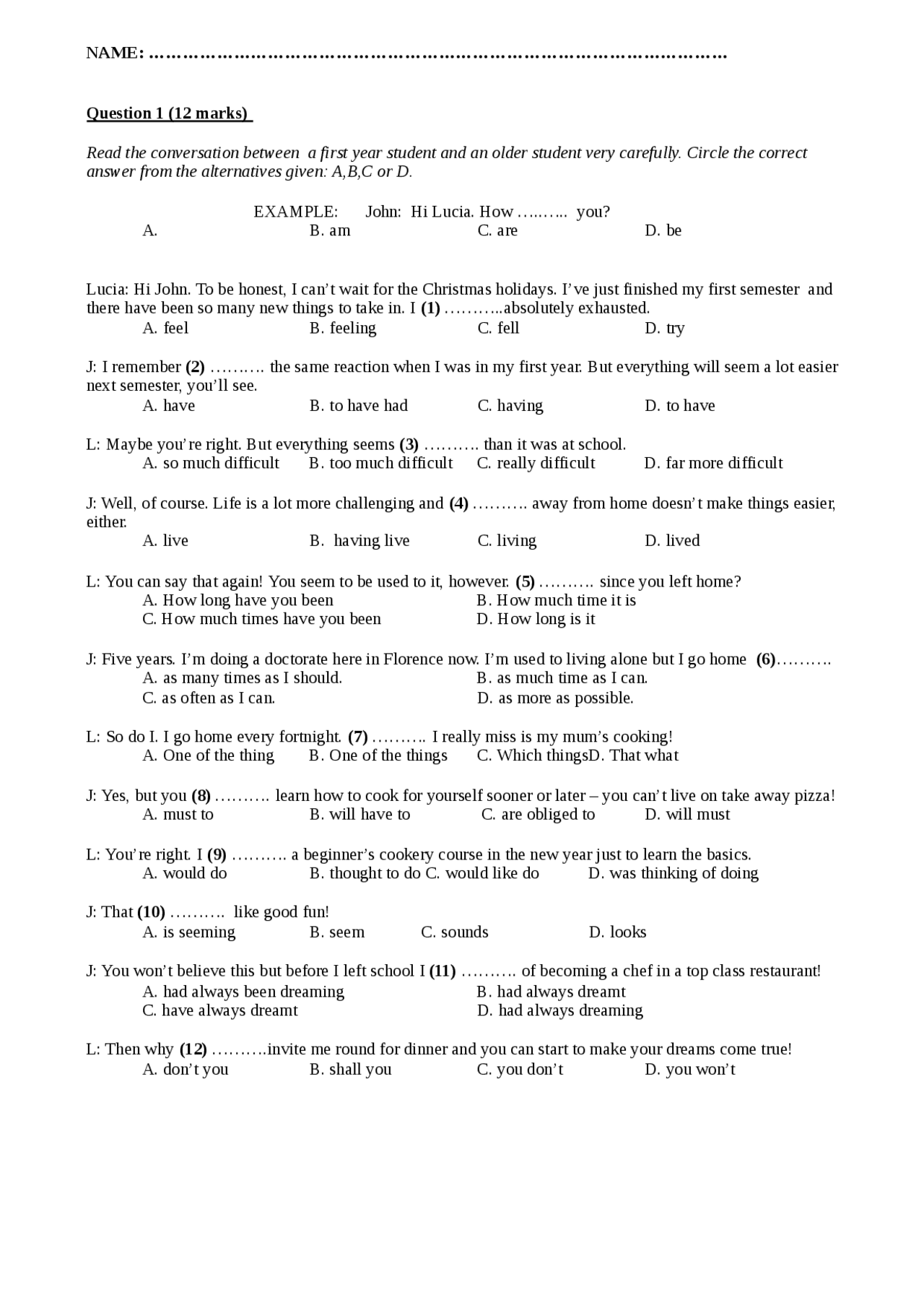 Grammar test example - Docsity